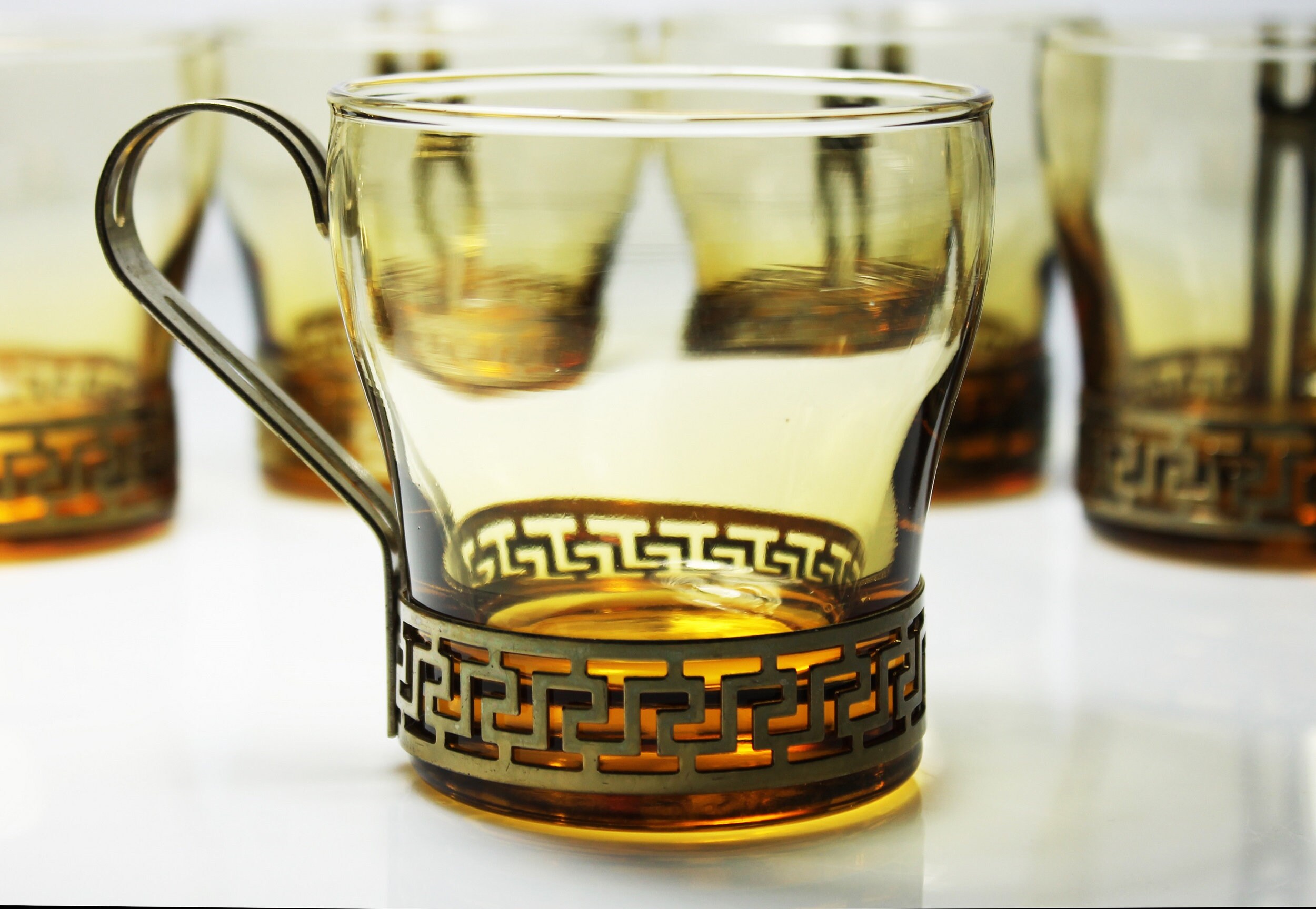 Libbey Amber Coffee Cups, Greek Key Metal Handles, Set of 7, 6 Ounce