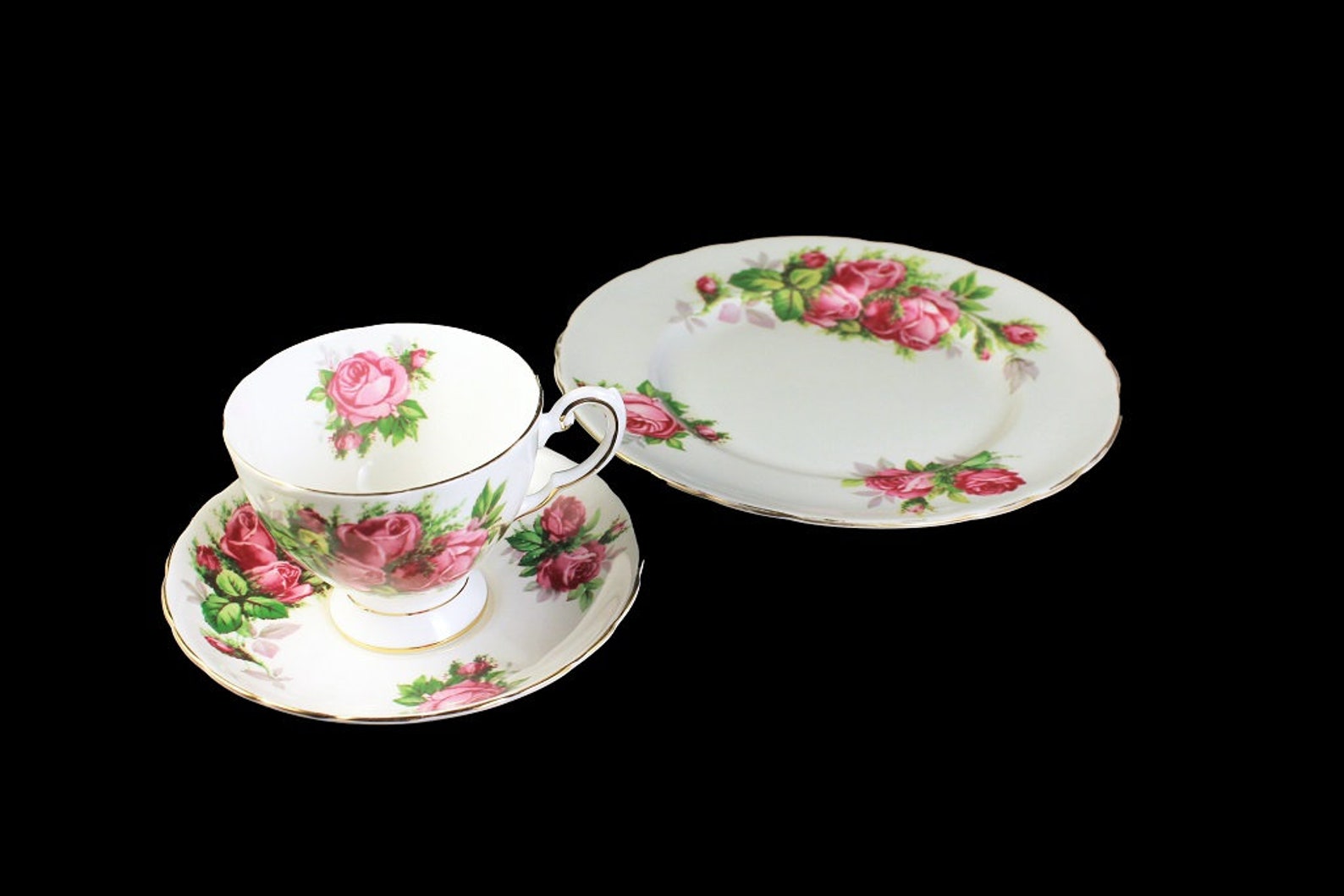 Tuscan Teacup Trio, Moss Rose, Teacup, Saucer, Luncheon Plate. Bone ...