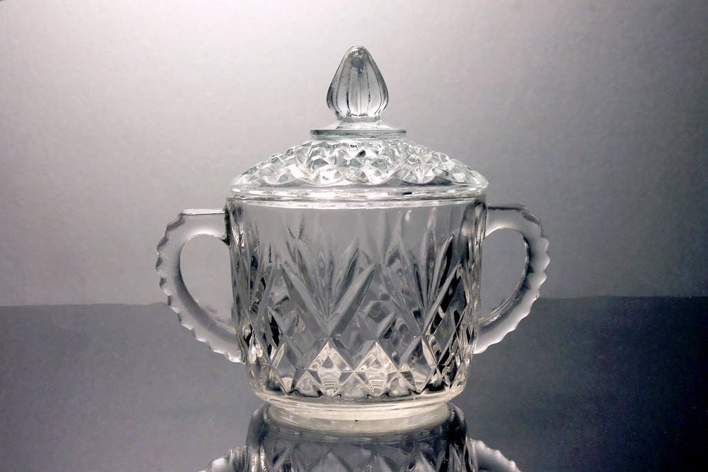 Lidded Sugar Bowl, Anchor Hocking, Prescut, Clear Glass, Fan Pattern ...
