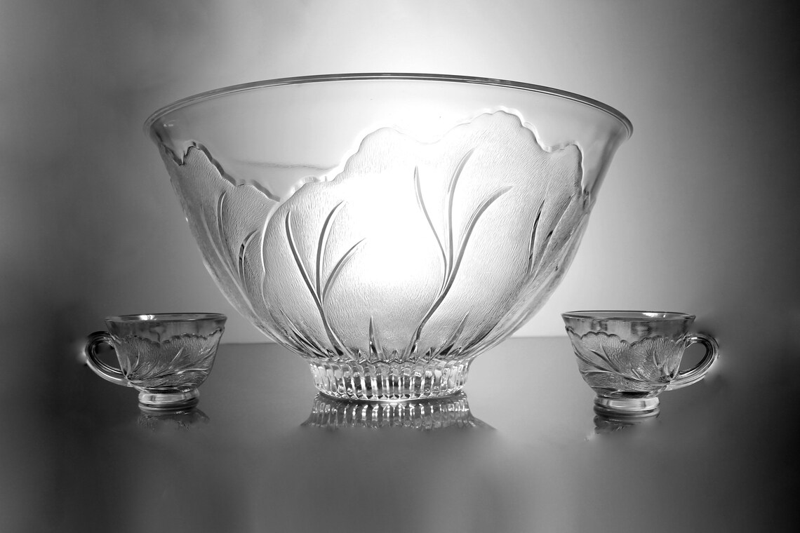 Punch Bowl With 24 Cups Indiana Glass Pebble Leaf Clear 6 - Etsy