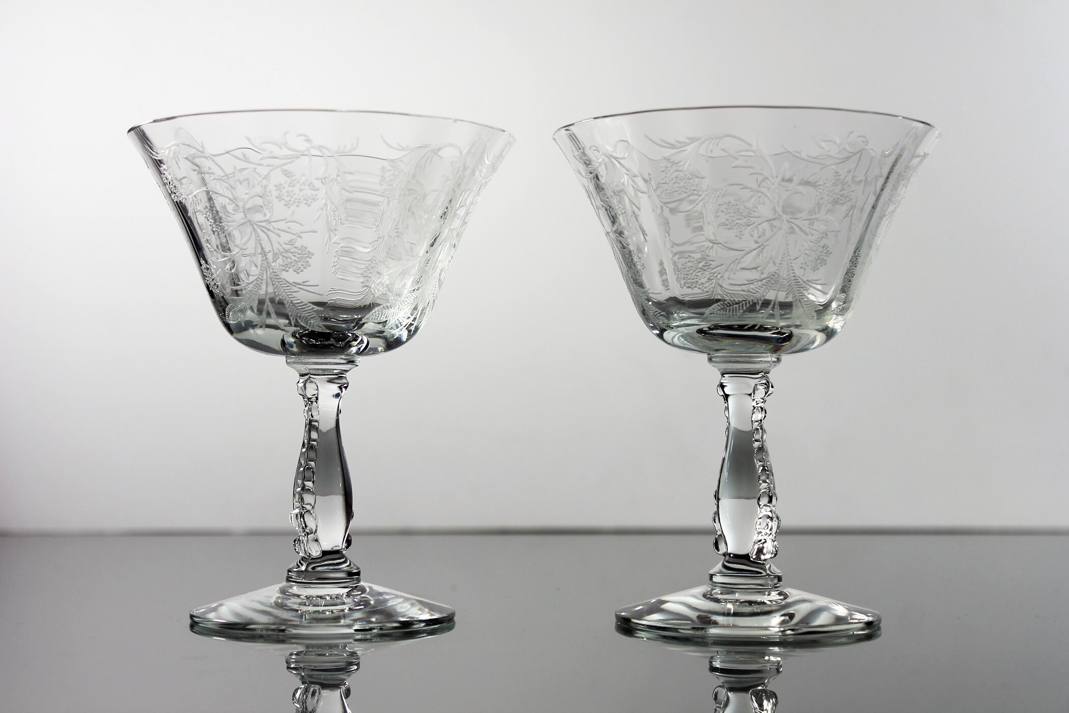 Crystal Etched Champagne Glasses, Fostoria, Heather, Low Sherbet, Set ...