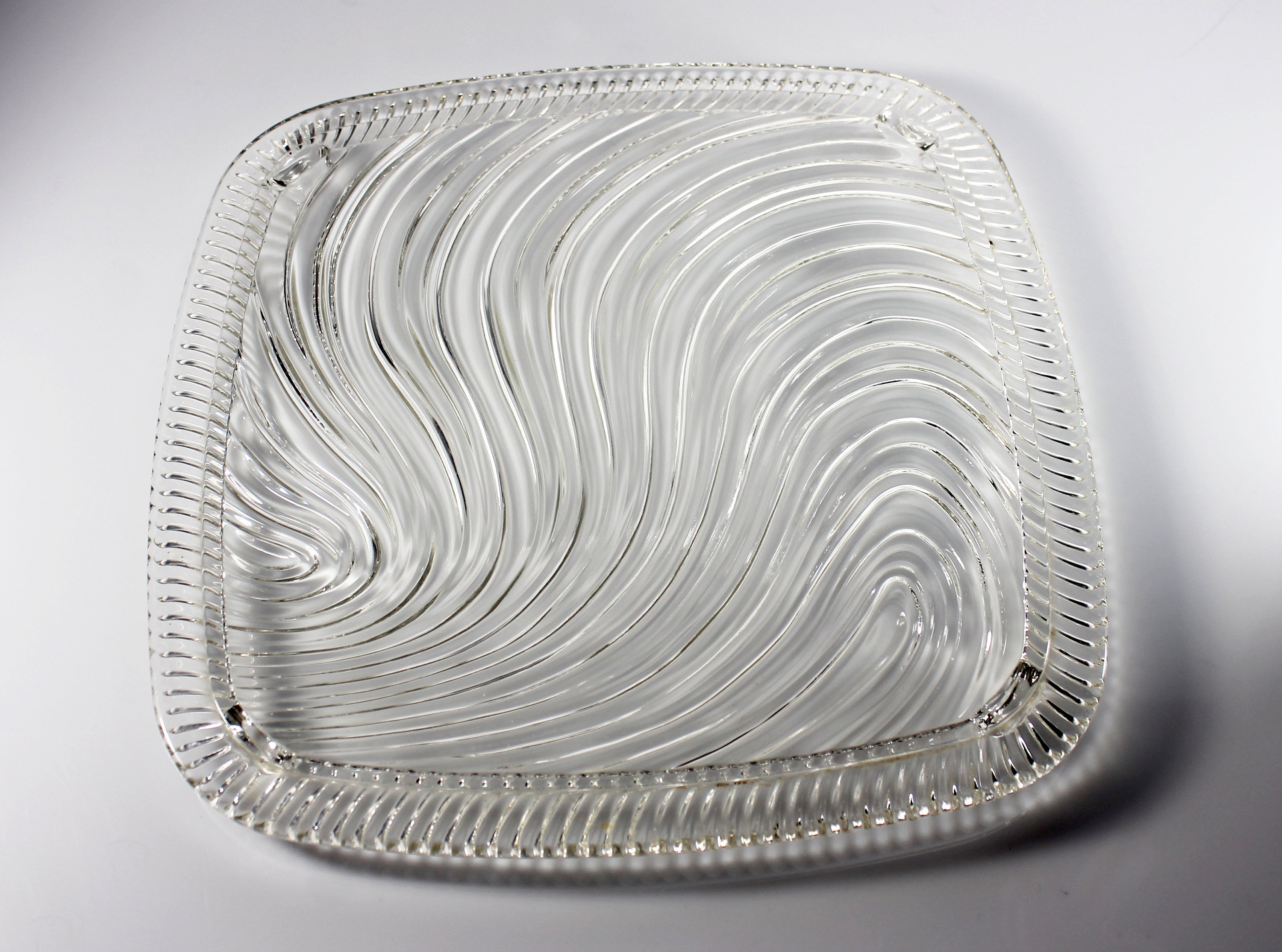 Kromex Square Swirl Cake Plate, Footed Cake Plate, Clear Glass