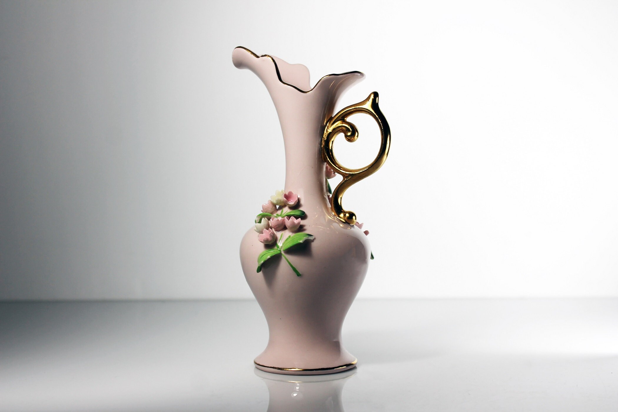 Raised Floral Pink Pitcher, Lefton, Gold trimmed, Collectible, Footed ...