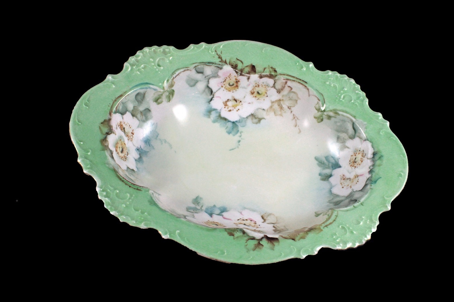 Oval Vegetable Bowl, White Floral, Green Trimmed, 9 Inch, Serving Bowl ...