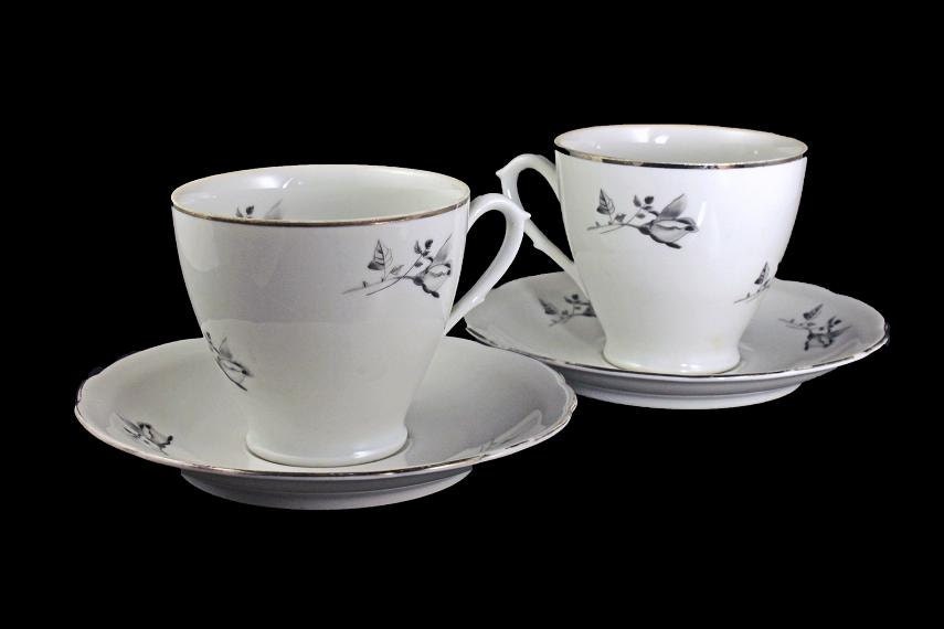 Teacups and Saucers, Cmielow Poland, Set of 2, Black and Gray Roses ...