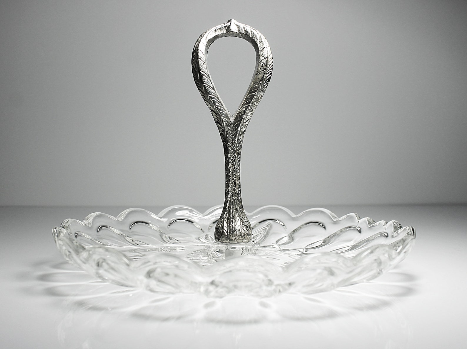 Silver Handled Tidbit Tray, Sectioned Glass, Pressed Glass, Center ...