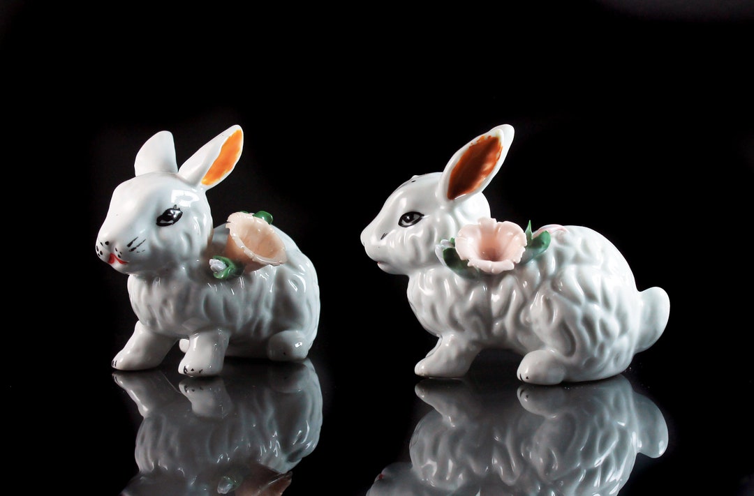 Rabbit Figurines Bunny Figurines Set of Two Hand Painted - Etsy