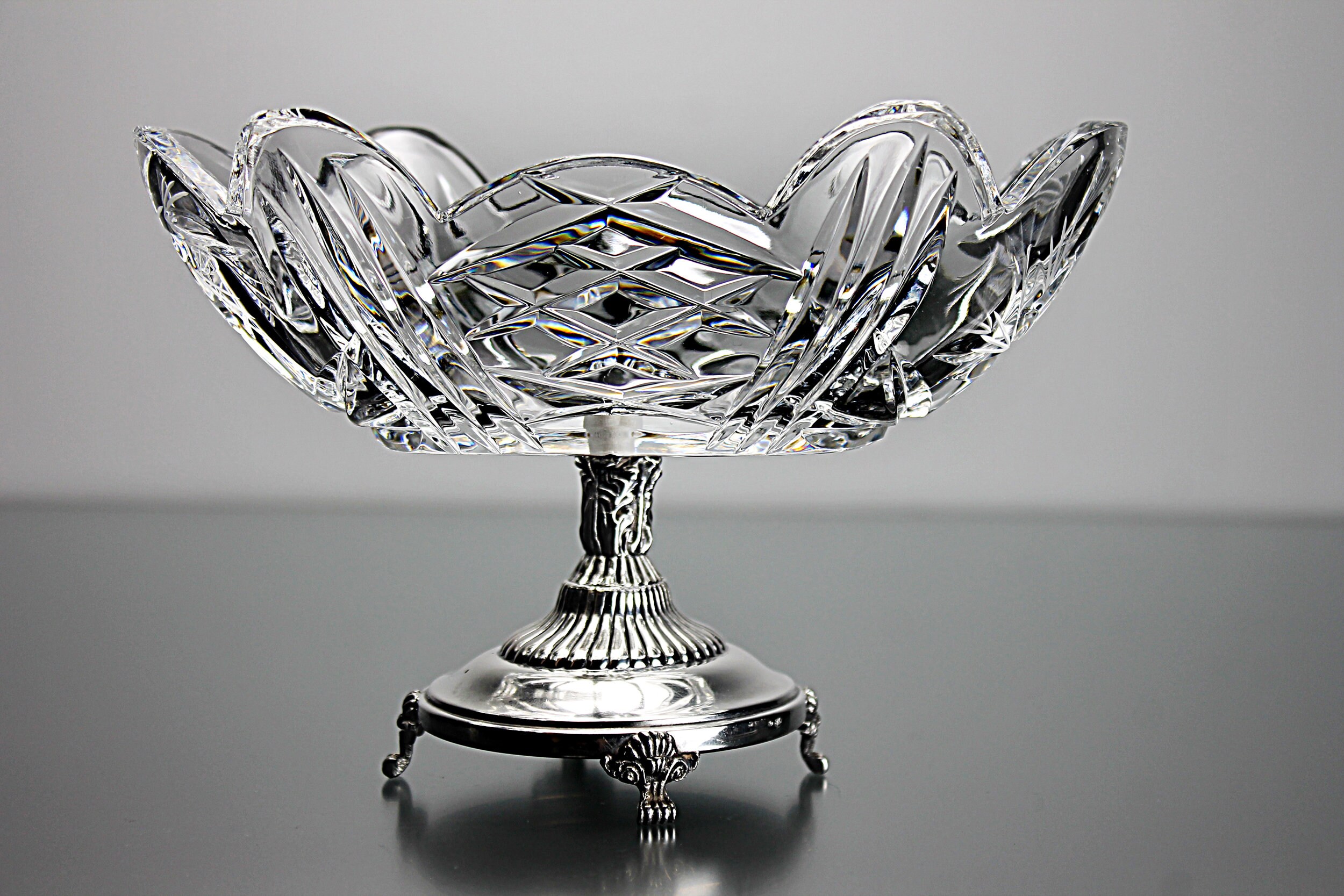 Crystal Compote with Silver Base, Pinwheel, Cut Glass, Clear Glass ...