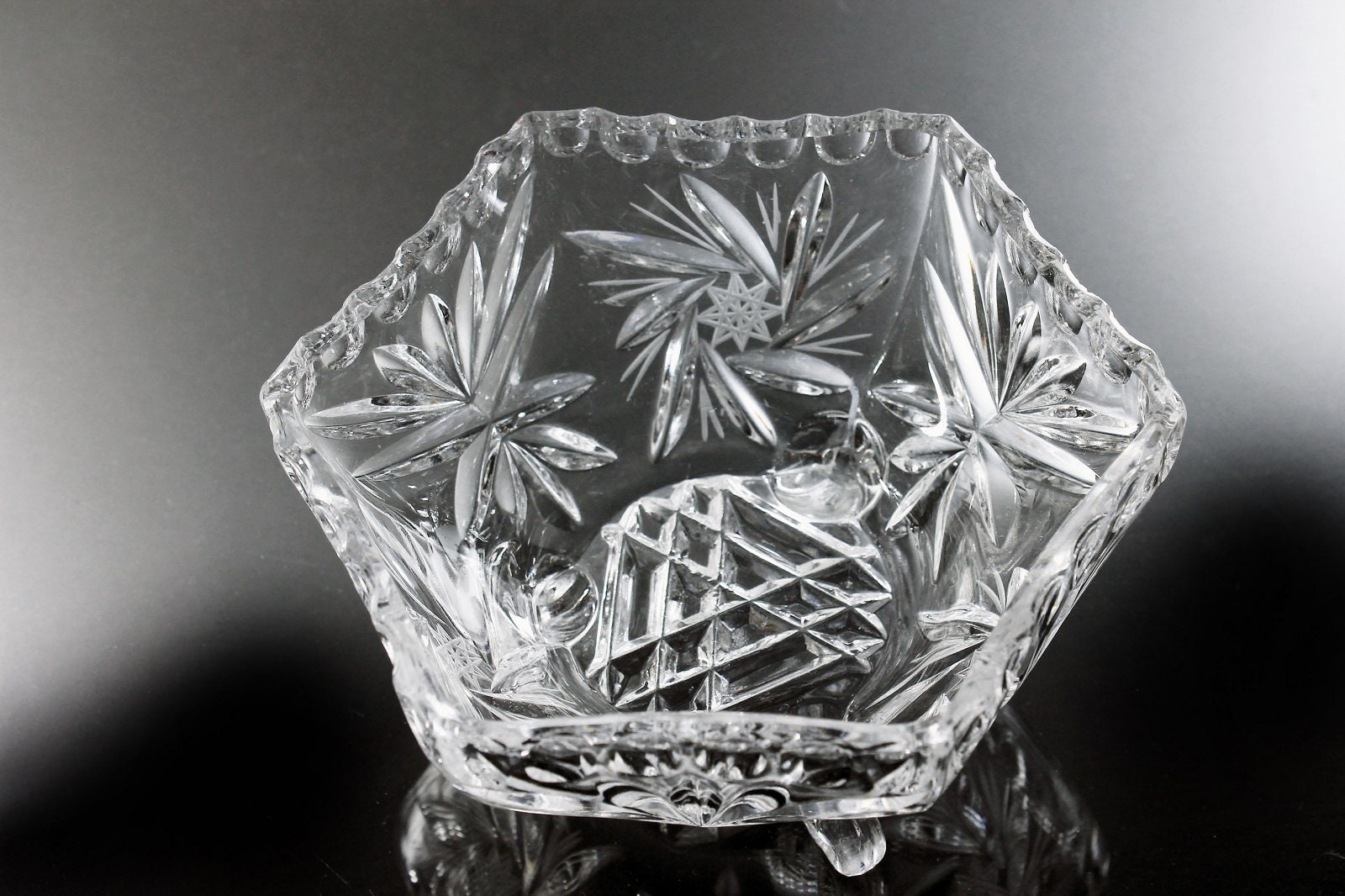 Crystal Hexagon Bowl, Three Toed Bowl, Footed, Heavy, Clear Glass, Fan ...