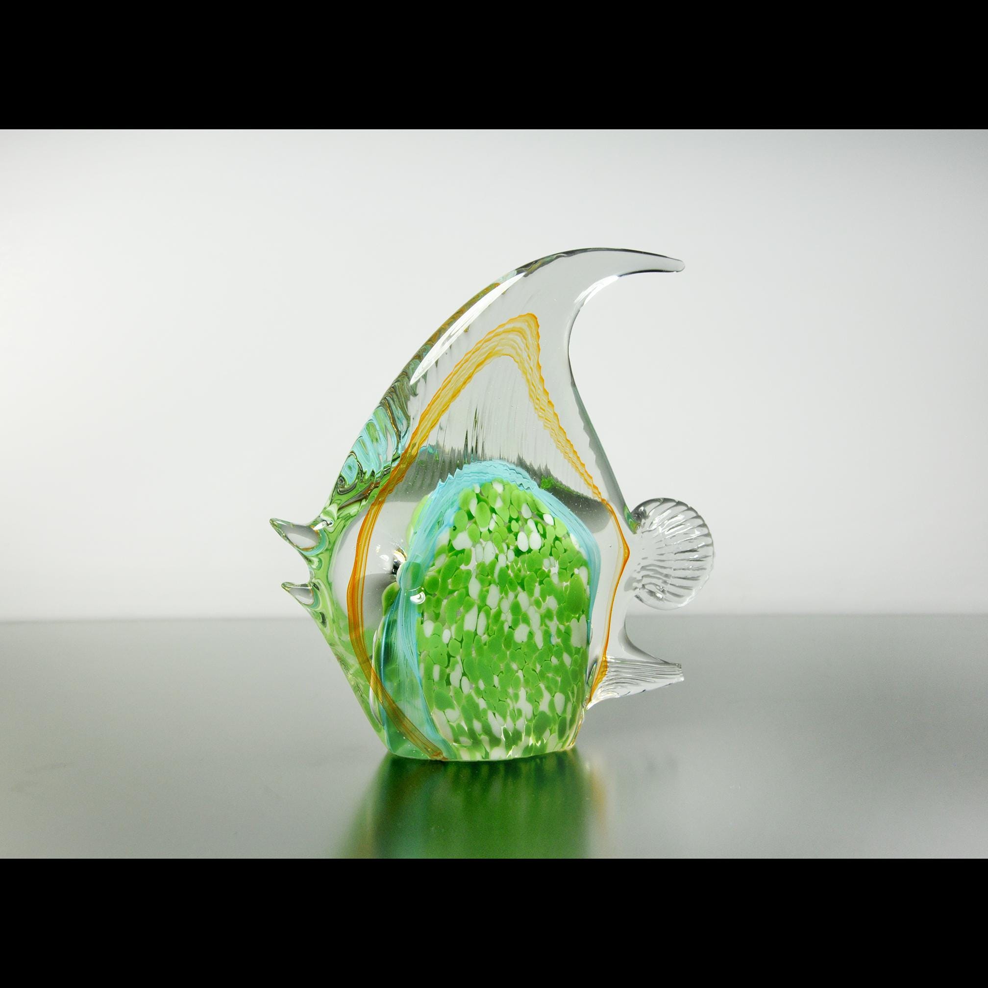 Art Glass Fish Figurine Paperweight – Colorful Green & Orange Hand ...