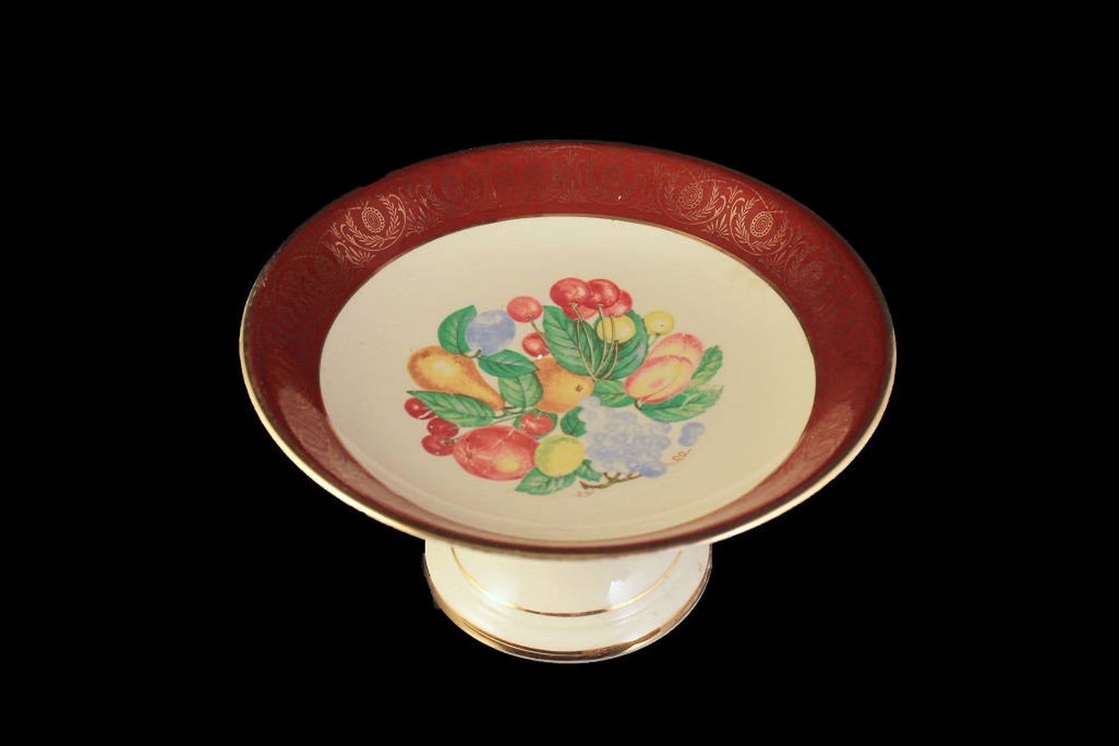 Compote, Pedestal, Warranted 22K Gold Trim, Fruit Center, Red Band ...