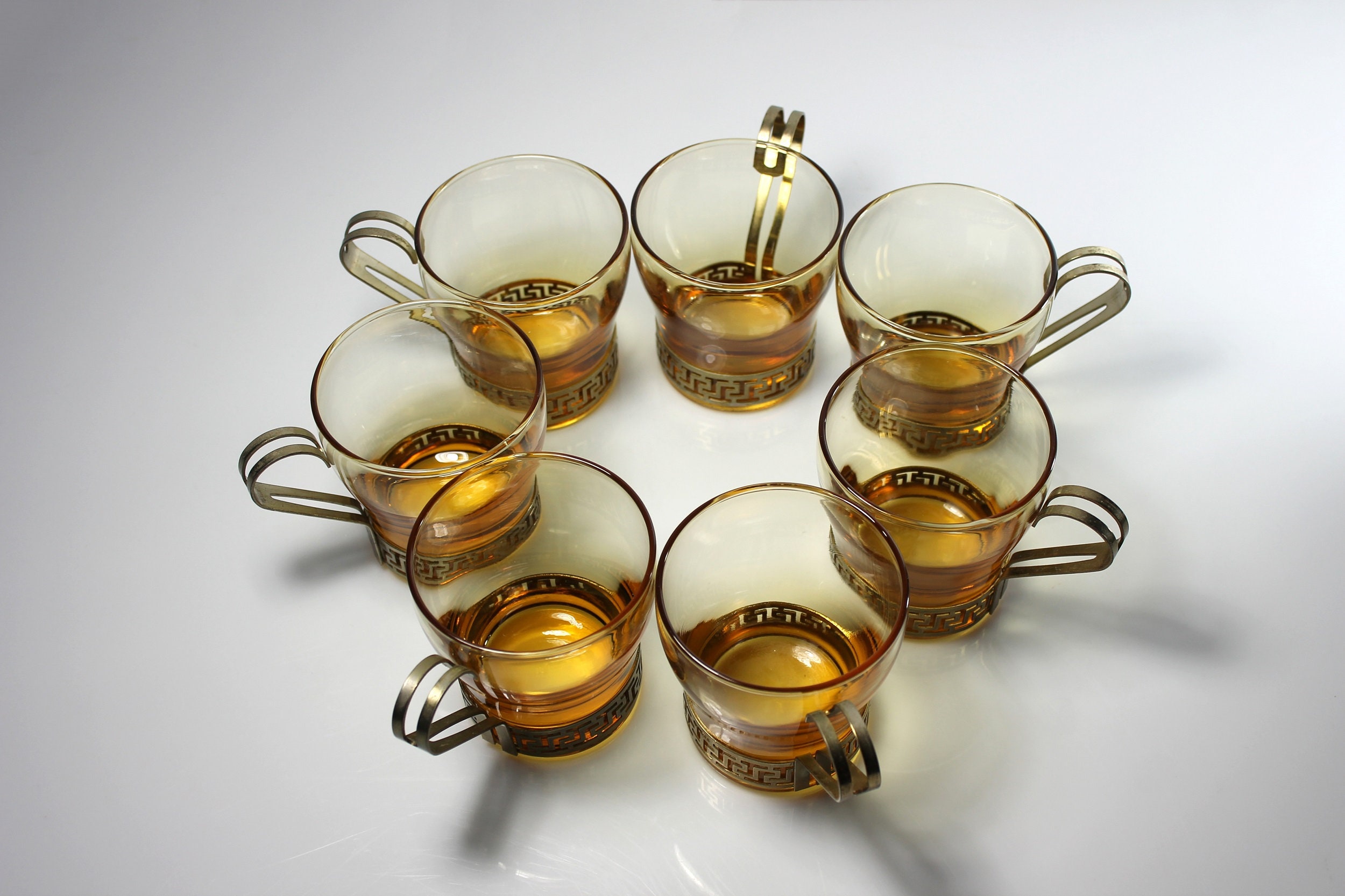 Libbey Amber Coffee Cups, Greek Key Metal Handles, Set of 7, 6 Ounce