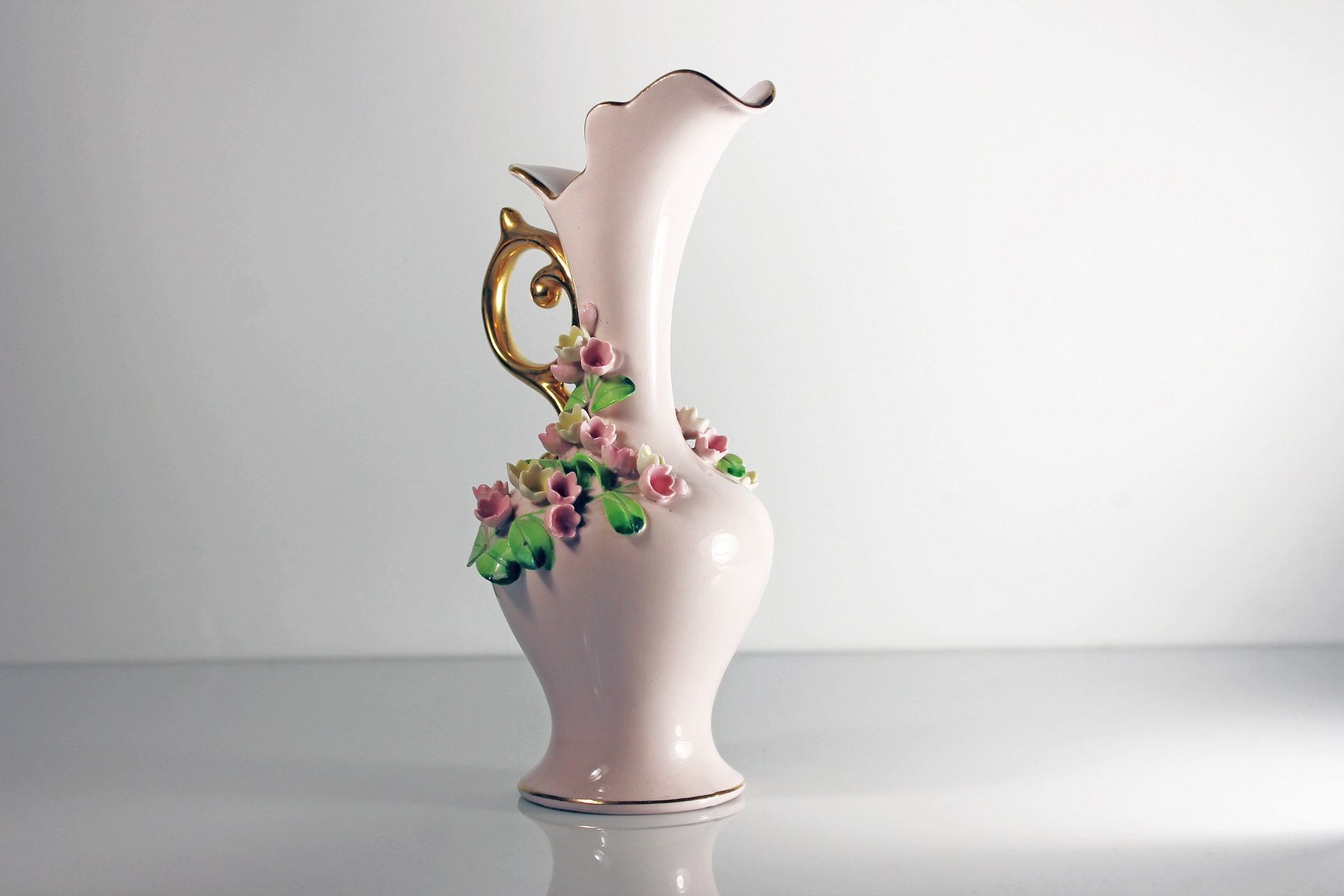 Raised Floral Pink Pitcher, Lefton, Gold trimmed, Collectible, Footed ...
