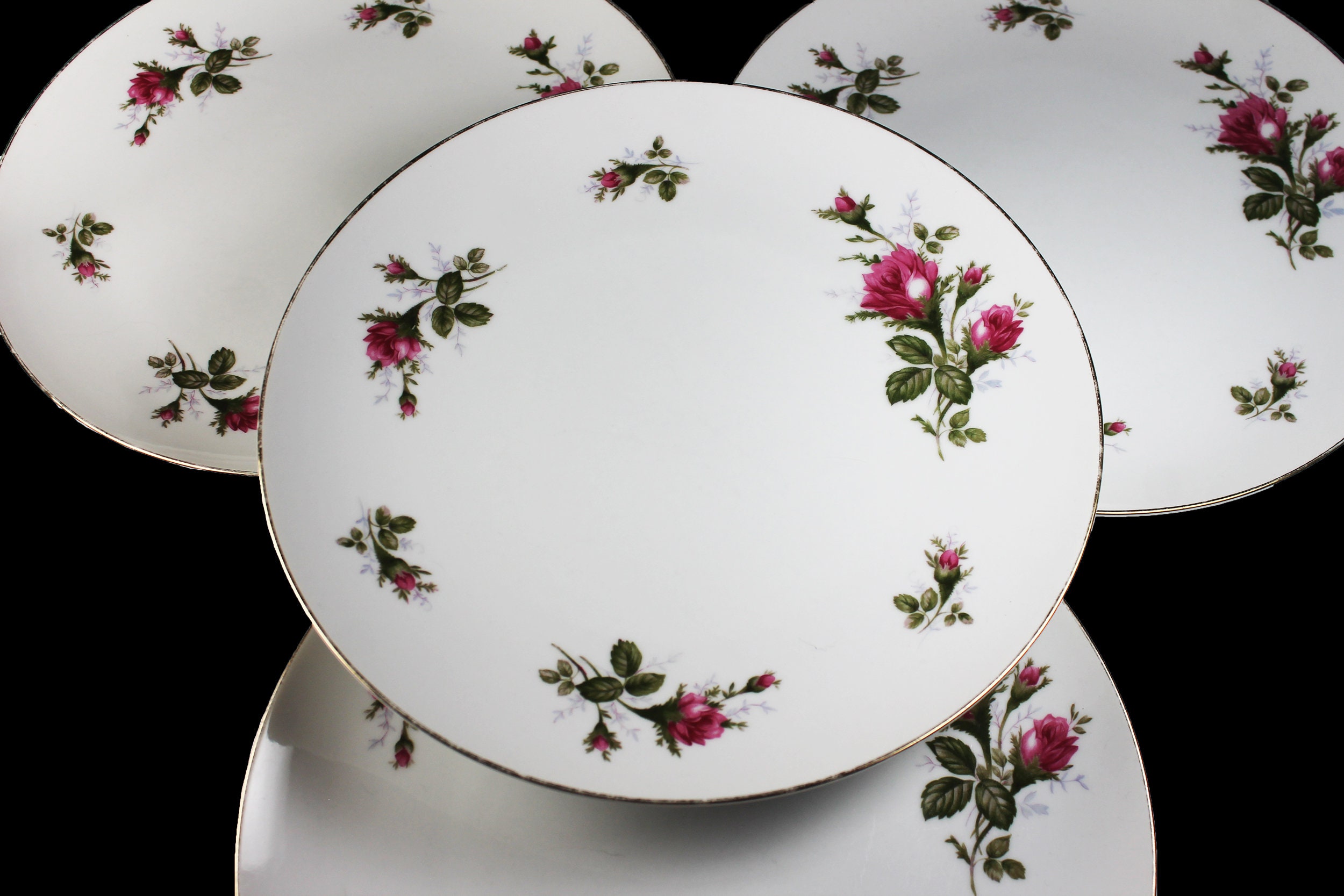 Dinner Plates, Sango Japan, Moss Rose, Red Floral, Set of 4, Dinnerware ...