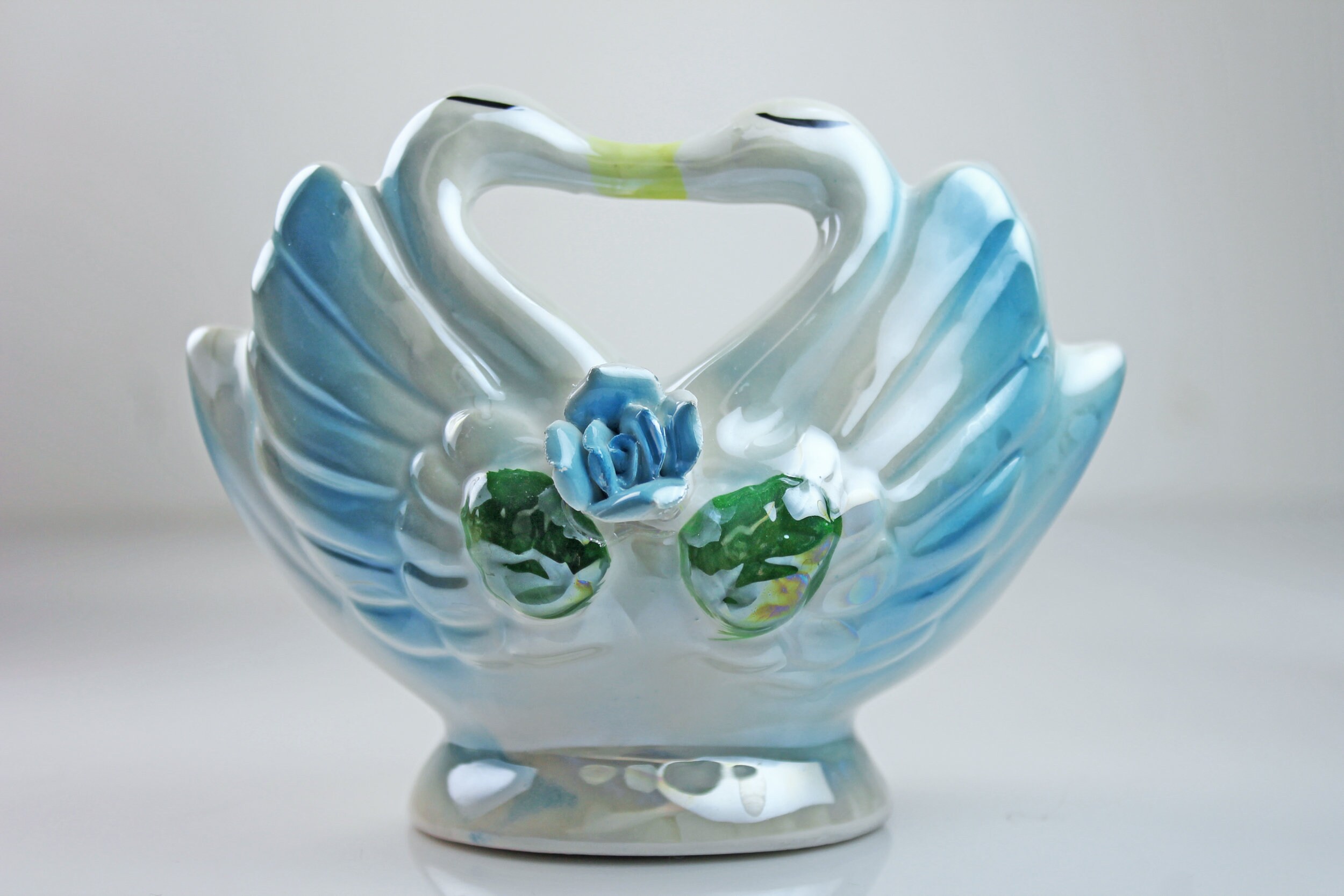 Kissing Swan Planter, Blue Lusterware, Raised Rose, Double Swans ...