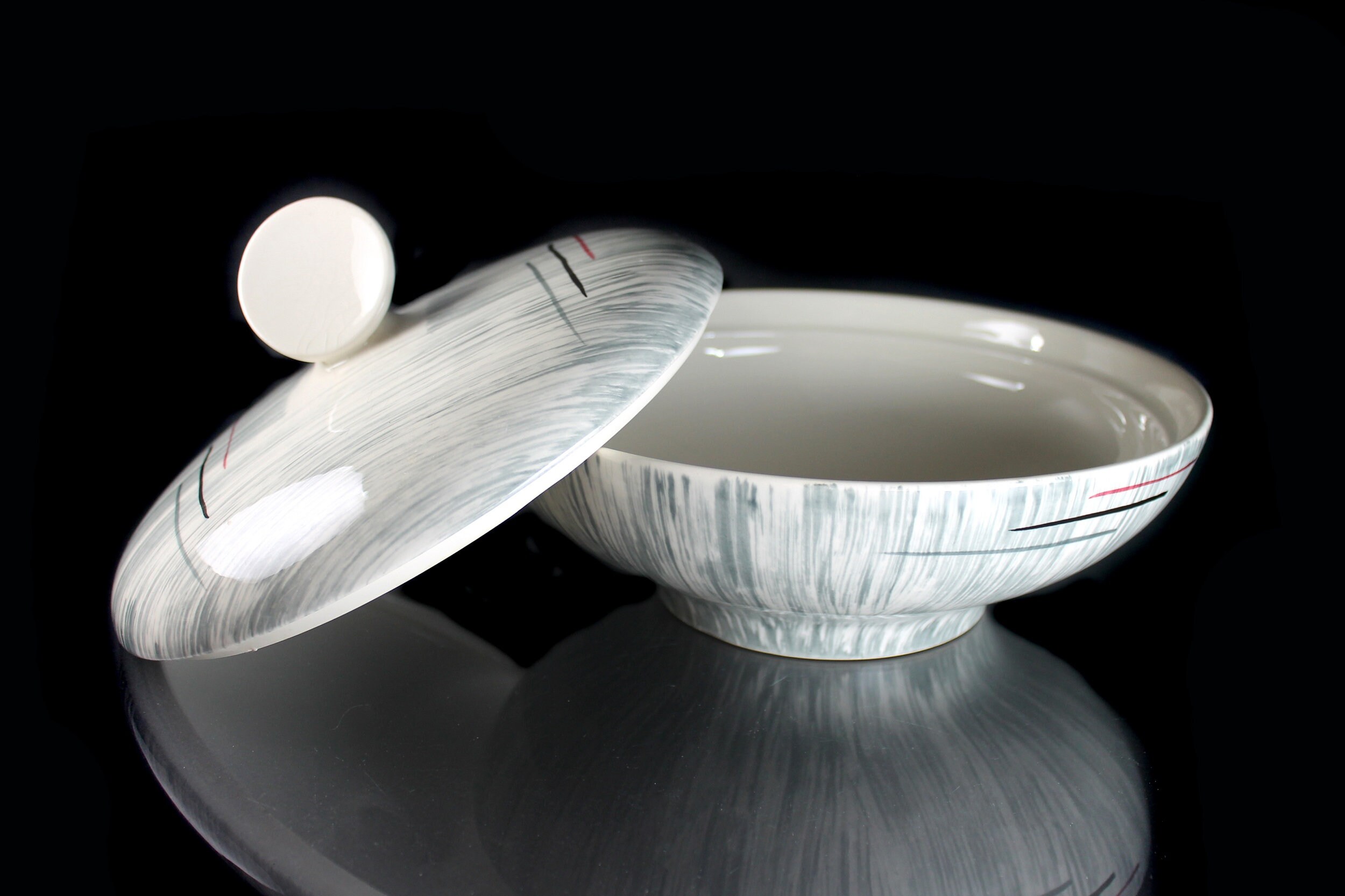 Covered Vegetable Bowl, Prim Rose China, Gray Stripes, Round, Hand ...