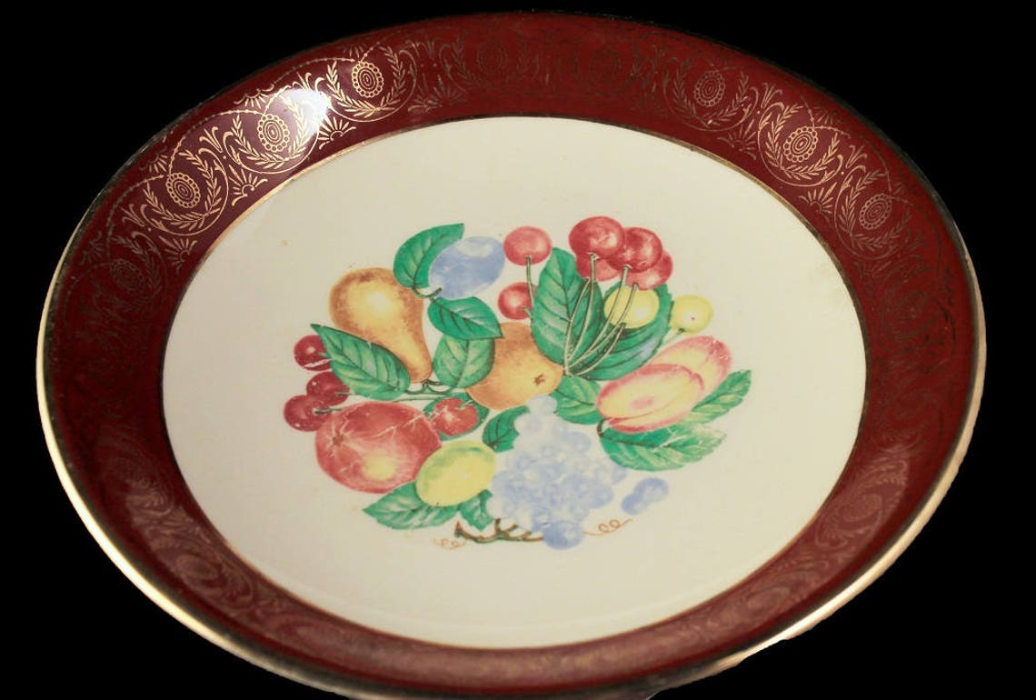 Compote Pedestal Warranted 22K Gold Trim Fruit Center Red - Etsy