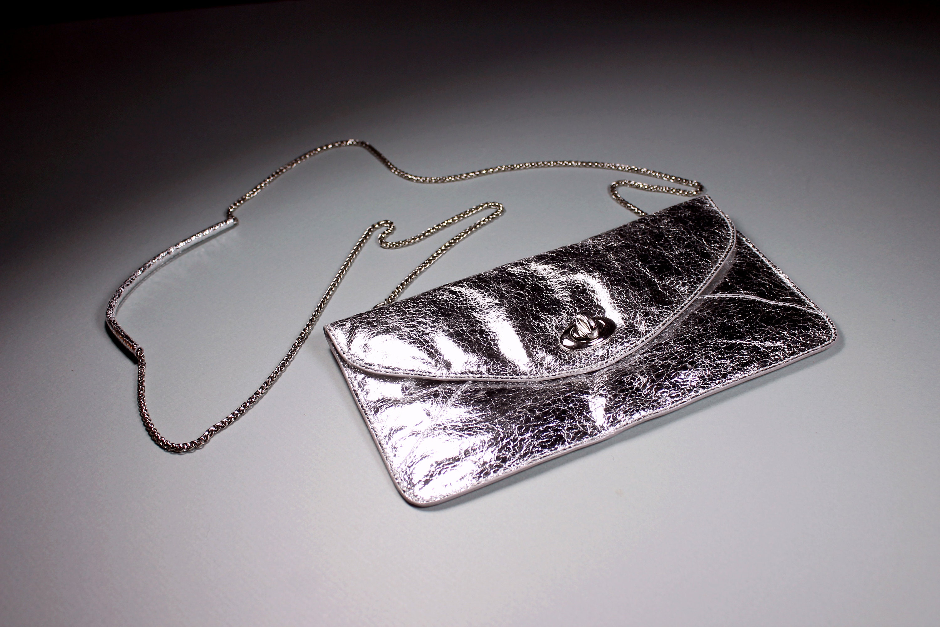 Silver Evening Handbag, Sorial New York, Vegan Leather, Silver Metallic ...