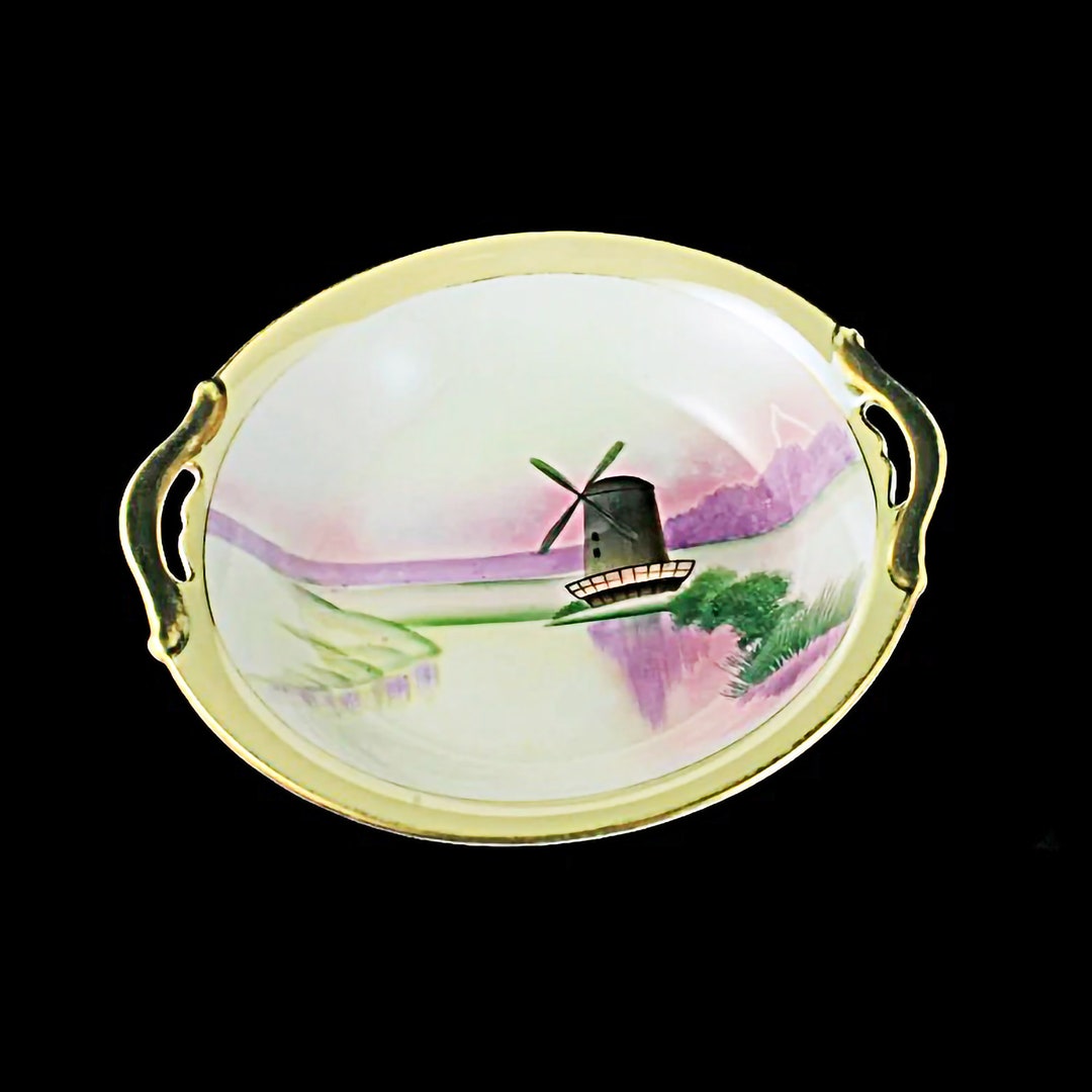 Handled Bowl, Meito China, Windmill Pattern, Handpainted, Art Deco Bowl ...