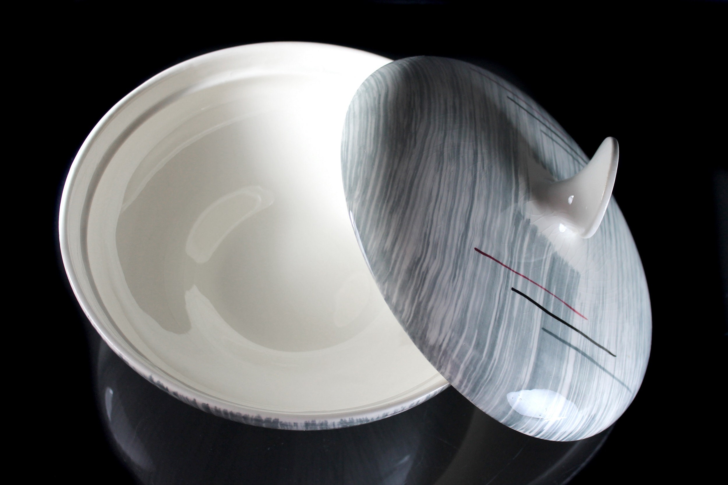 Covered Vegetable Bowl, Prim Rose China, Gray Stripes, Round, Hand ...