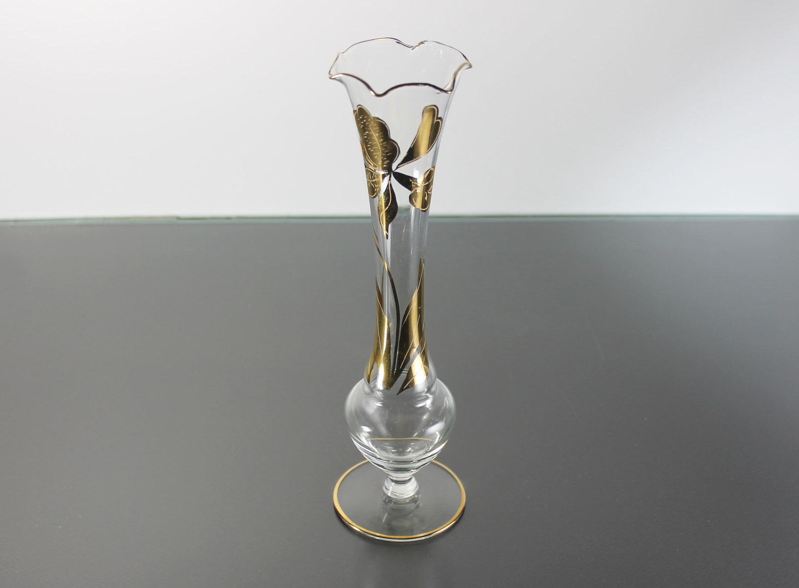 Gold Overlay Bud Vase, Clear Glass, Fluted Top, Pedestal Base, Floral ...