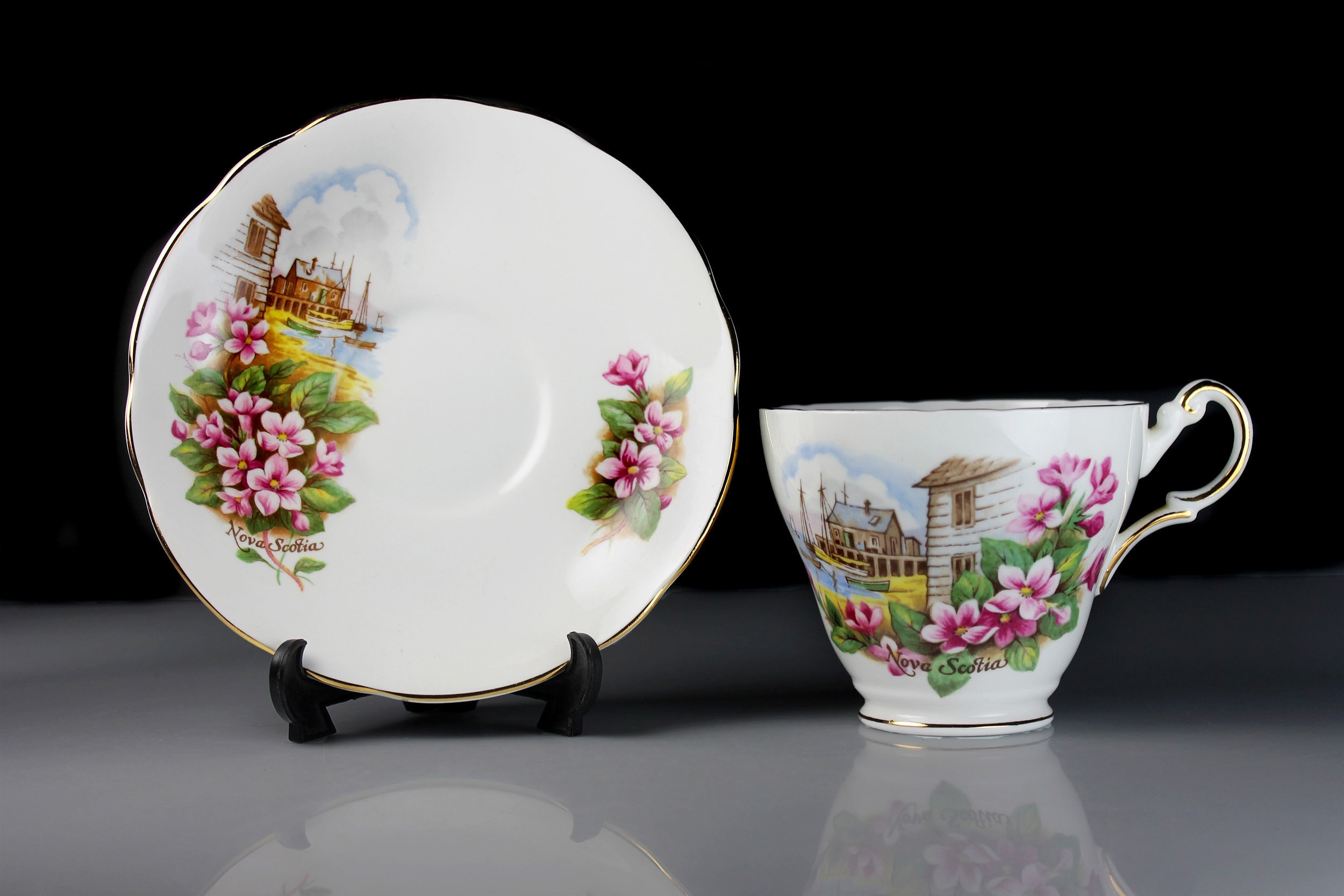 Footed Teacup and Saucer, Nova Scotia Souvenir, Royal Stuart, Made in ...