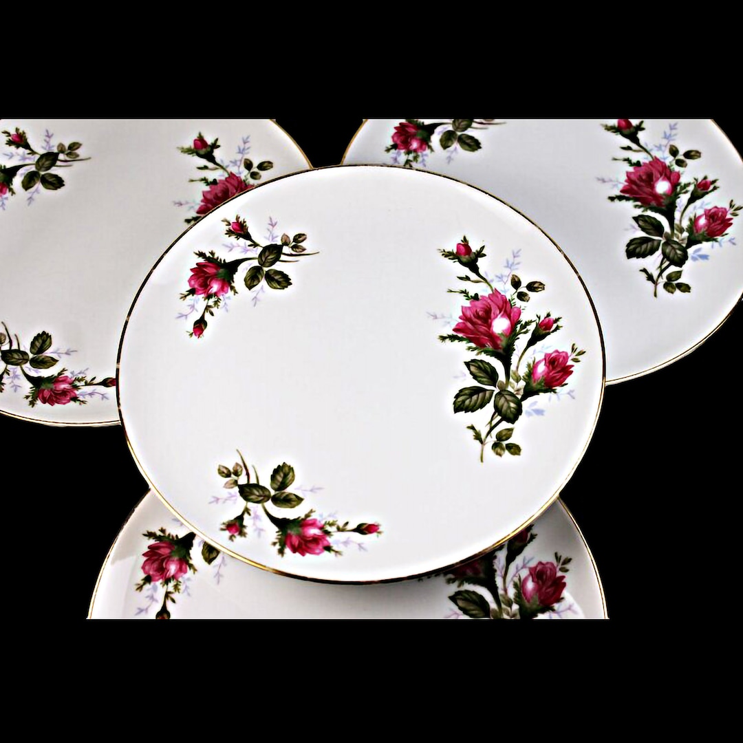 Salad Plates, Sango Japan, Moss Rose, Red Floral, Set of 4, Dinnerware ...