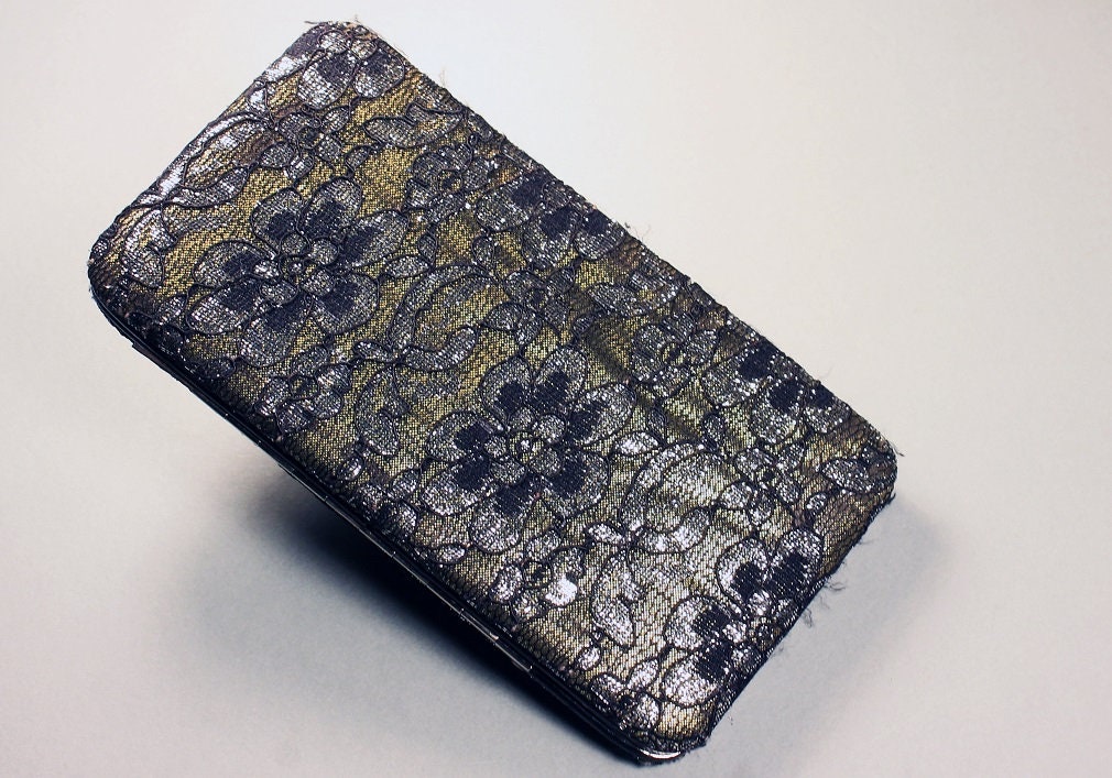 Ladies Clutch Wallet, Black Lace over Gold Satin, Snap Closure