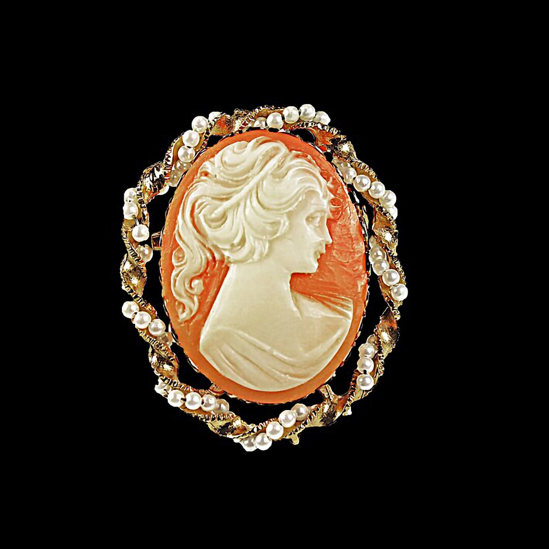 Oval Cameo Brooch, Resin Woman Cameo, Coral Pink Background, Woman's ...