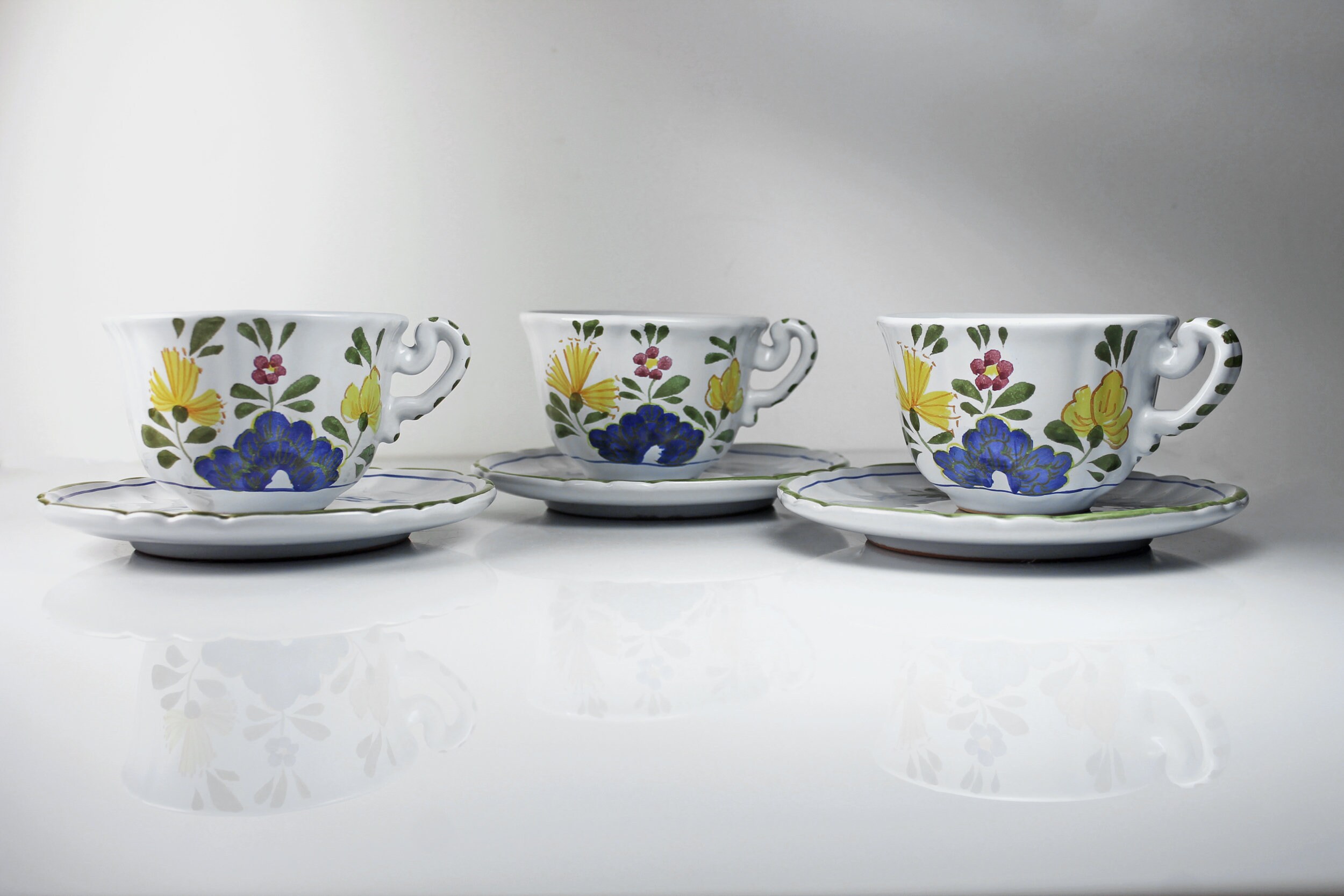Flat Cups and Saucers, Made In Italy, Floral Pattern, Set of 3, Italian ...