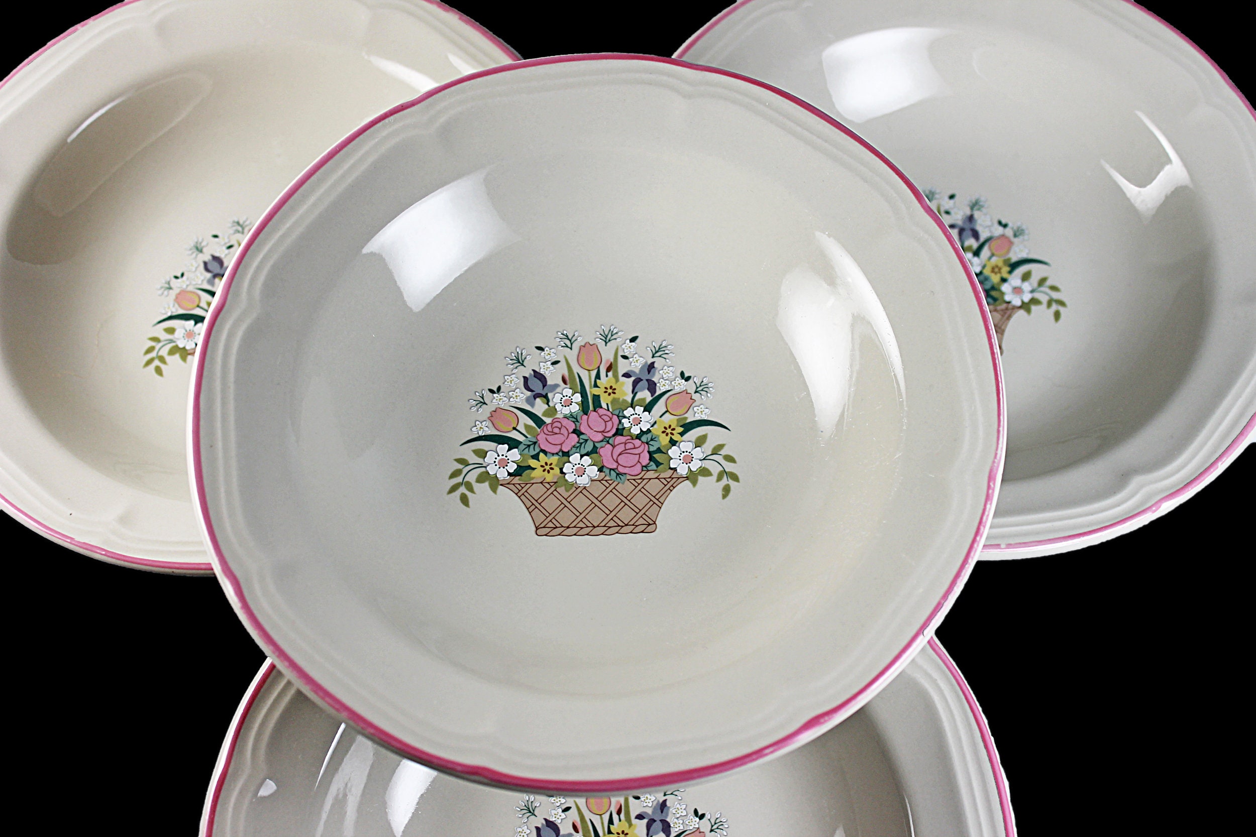 Soup Bowls, Sango China, Chesapeake White, Floral Basket, Set of 4 ...