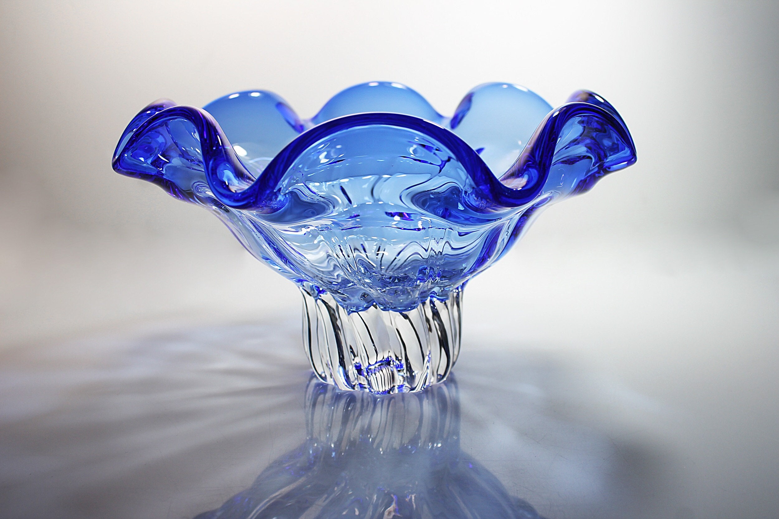 Art Glass Compote Bowl, Display Bowl, Blue and Clear Glass, Decorative ...
