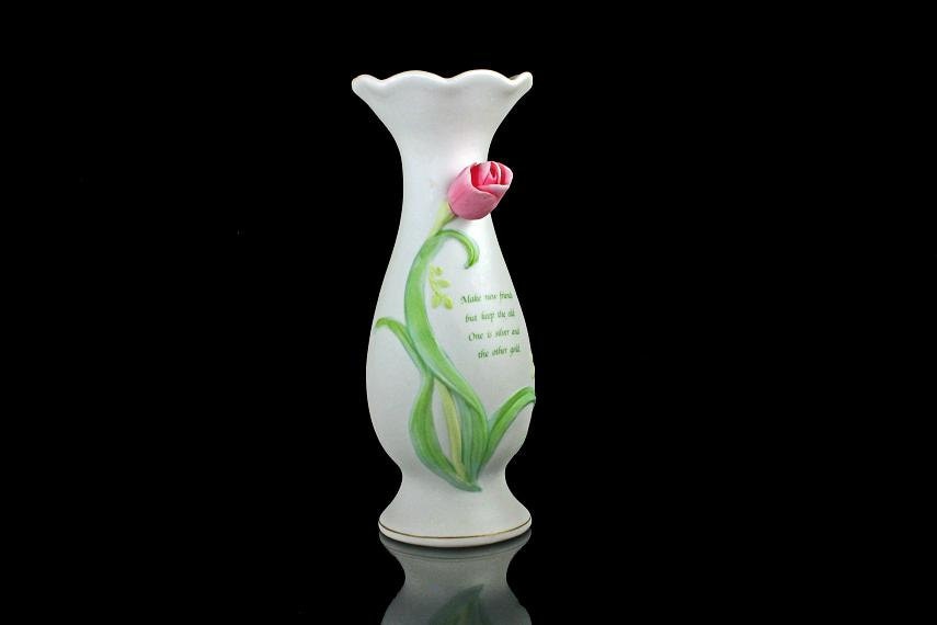 Porcelain Vase, Enesco, Pink Rose, Inspirational, Footed Pedestal