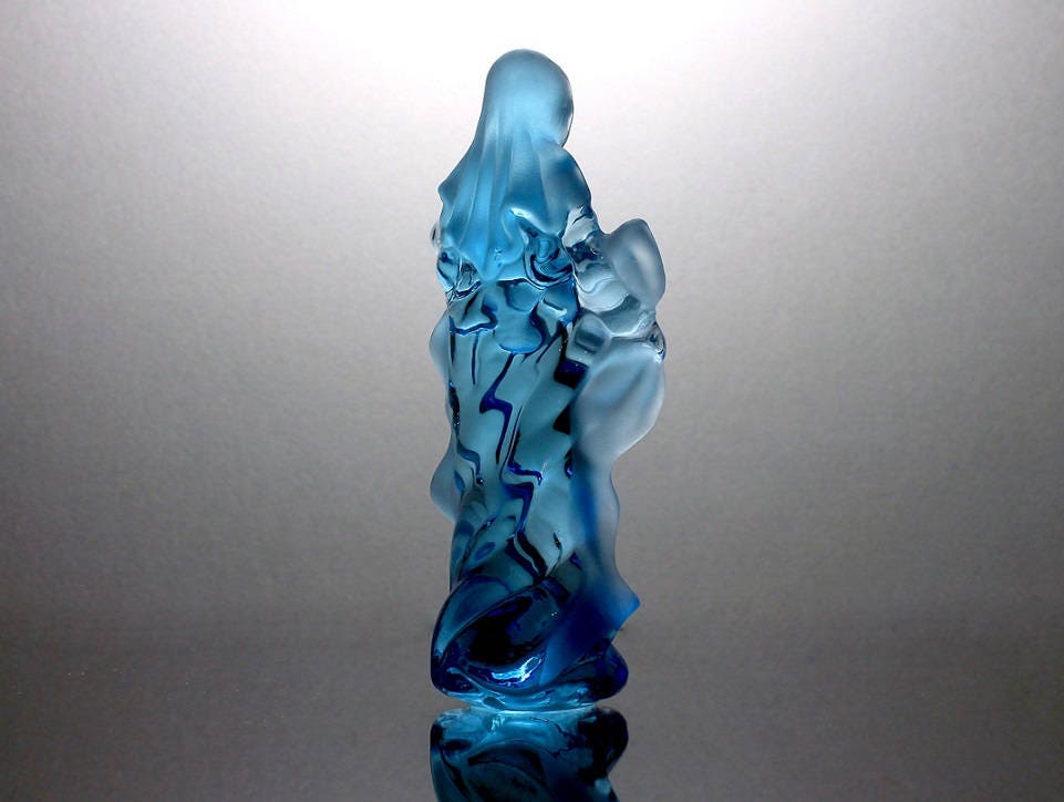Madonna and Child Figurine, Blue Glass, Blue Frosted Glass, 6-Inch, Statue