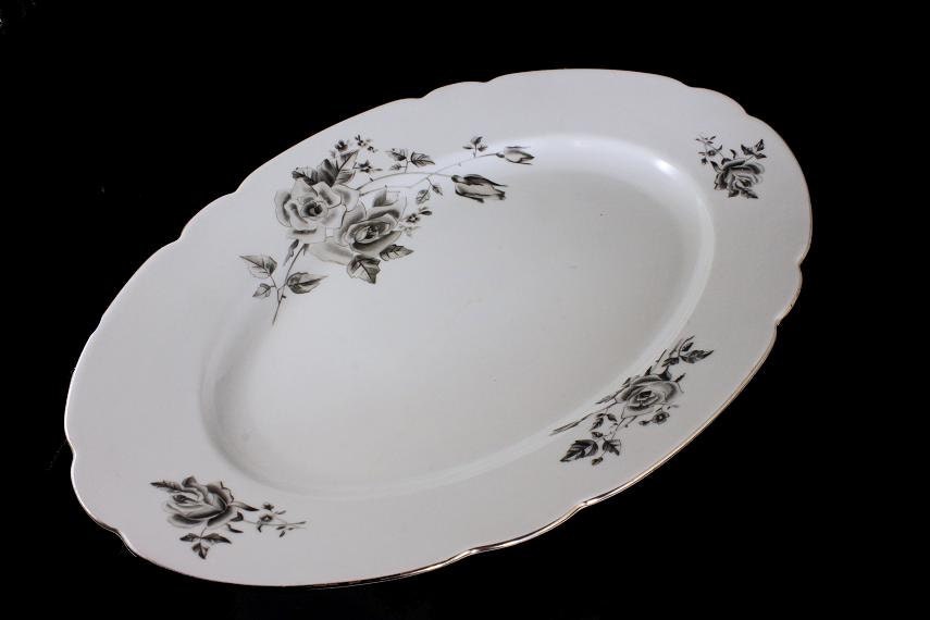 Oval Platter, Cmielow Poland, Black and Gray Roses, Platinum Trim