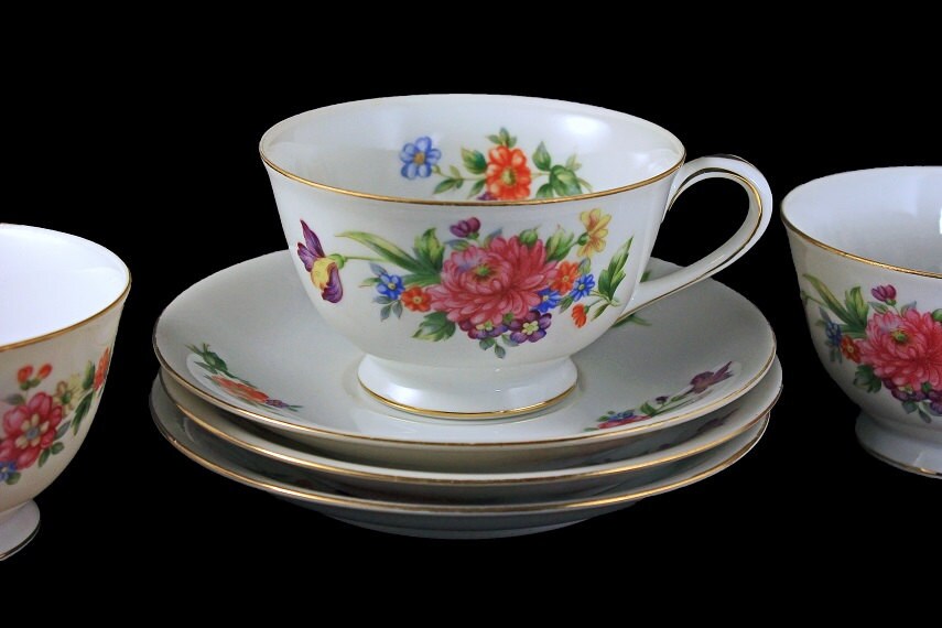 Footed Cups and Saucers, Sango China, Occupied Japan, Floradel, Floral ...