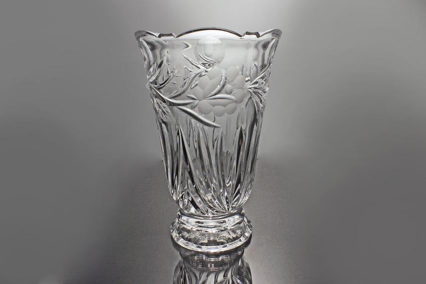 Footed Crystal Vase, Cut Glass, Frosted Floral Pattern, Thick Crystal ...