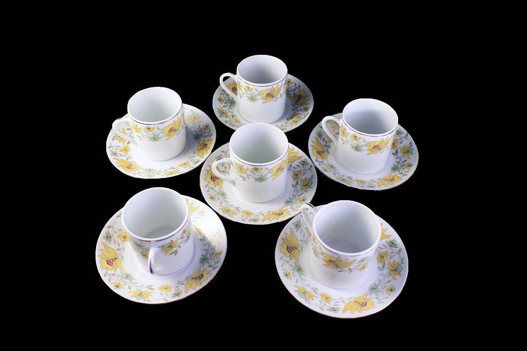 Demitasse Cups and Saucers, Yellow Floral, Espresso Cups, Set of 6 ...