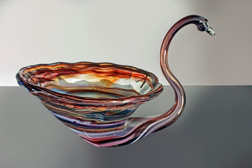 Art Glass Swan Bowl, Multicolored Swirl, Handblown, 12 Inches in Length ...