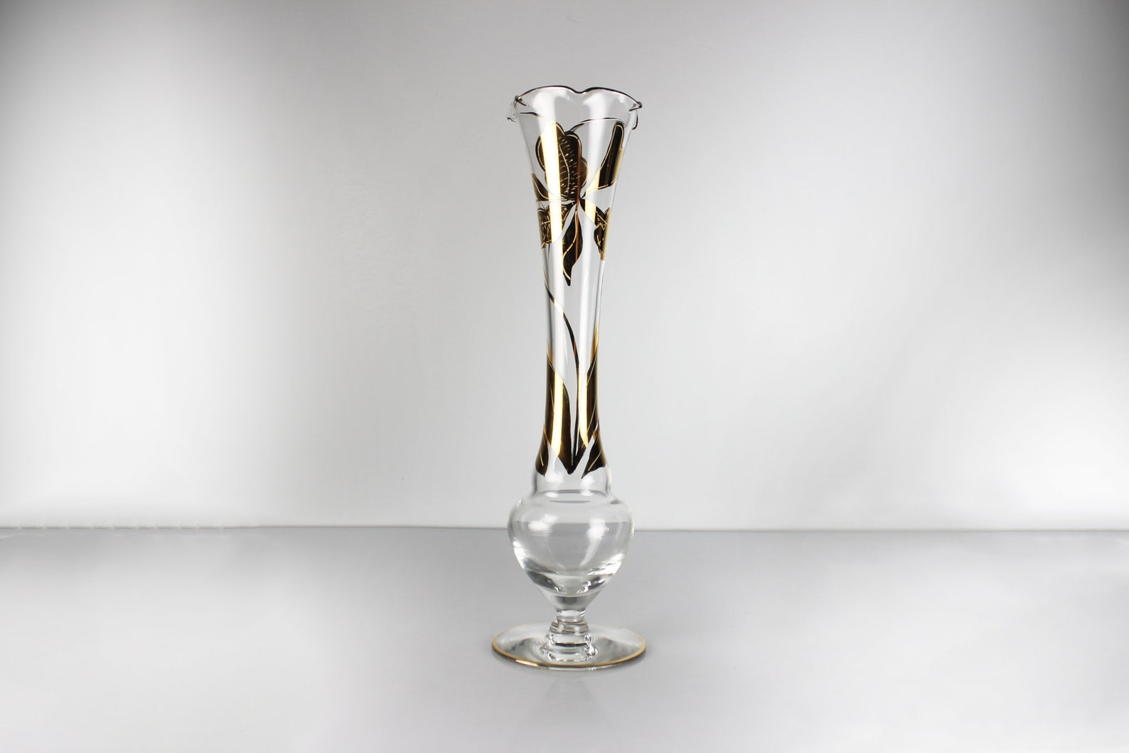 Gold Overlay Bud Vase, Clear Glass, Fluted Top, Pedestal Base, Floral ...