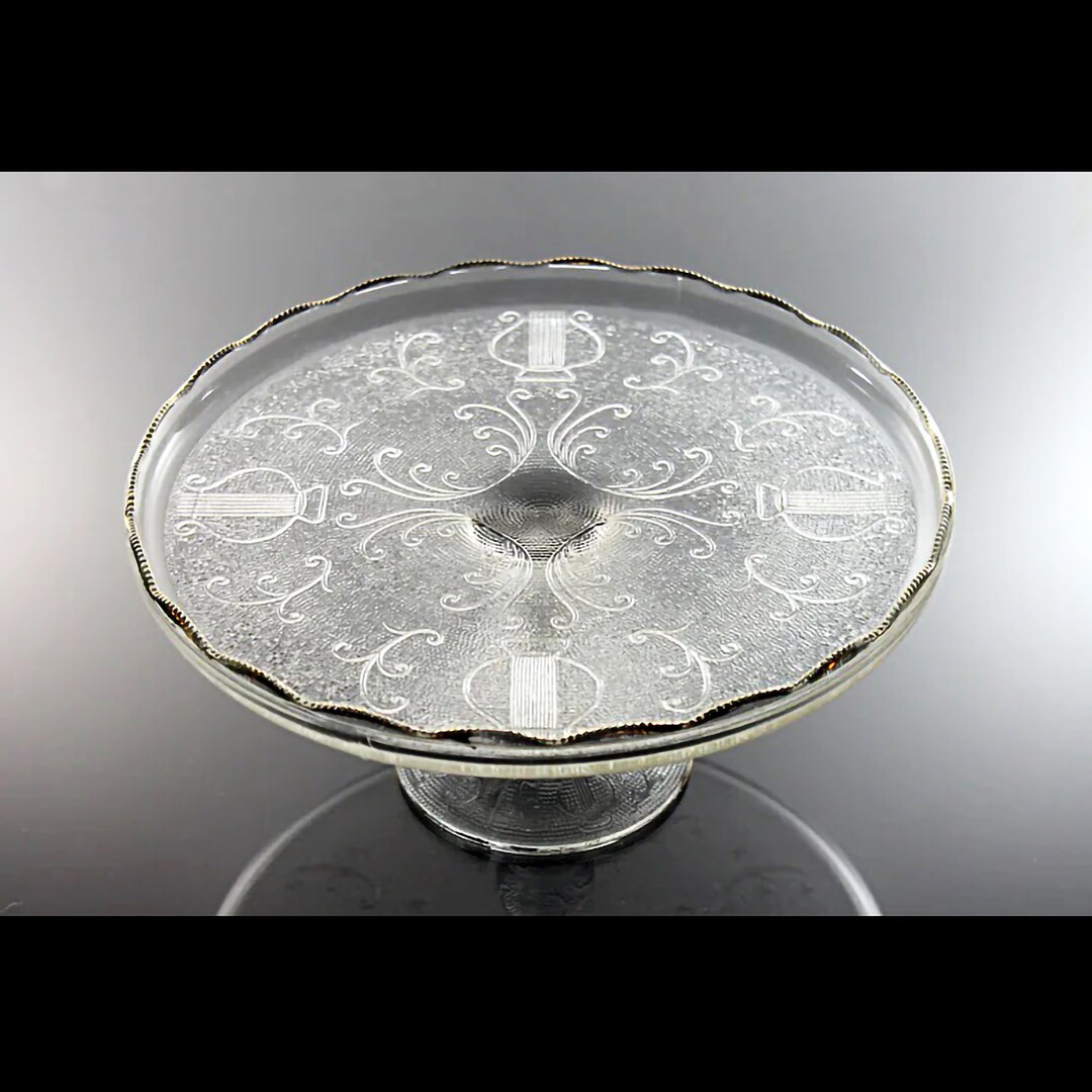Pedestal Cake Stand, Jeannette Glass, Harp Pattern, Gold Trim, Cake ...