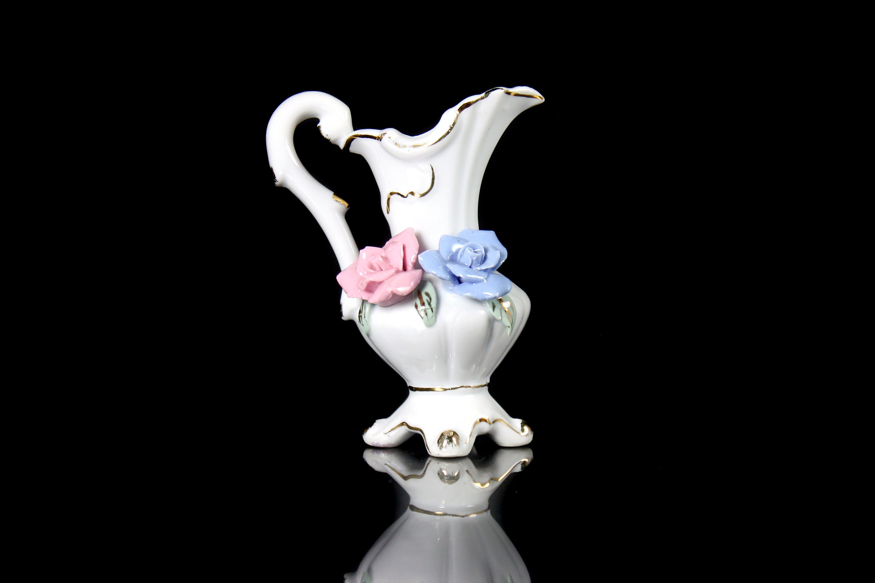 Miniature Raised Rose Pitcher, Collectible, Gold Trimmed, Miniature Vase