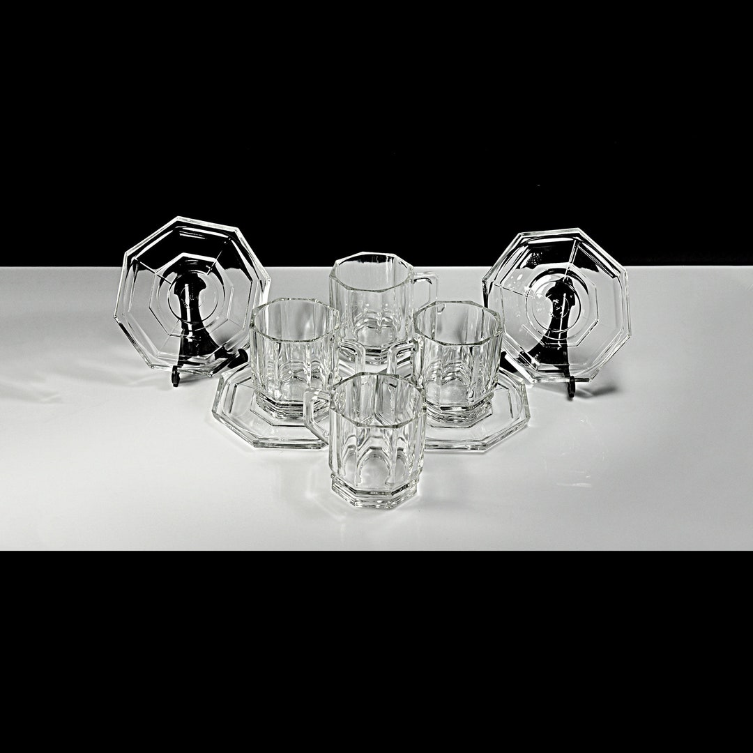 Crown Corning Dimensions Octagon Cups and Saucers Set, Clear Glass ...