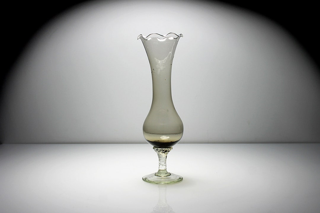 Etched Brown Bud Vase Hand Blown Glass Clear Swirled Stem - Etsy