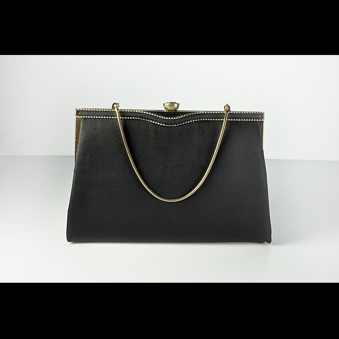 1950s Verdi Black Satin Clutch Purse With Gold Chain Strap, Elegant ...