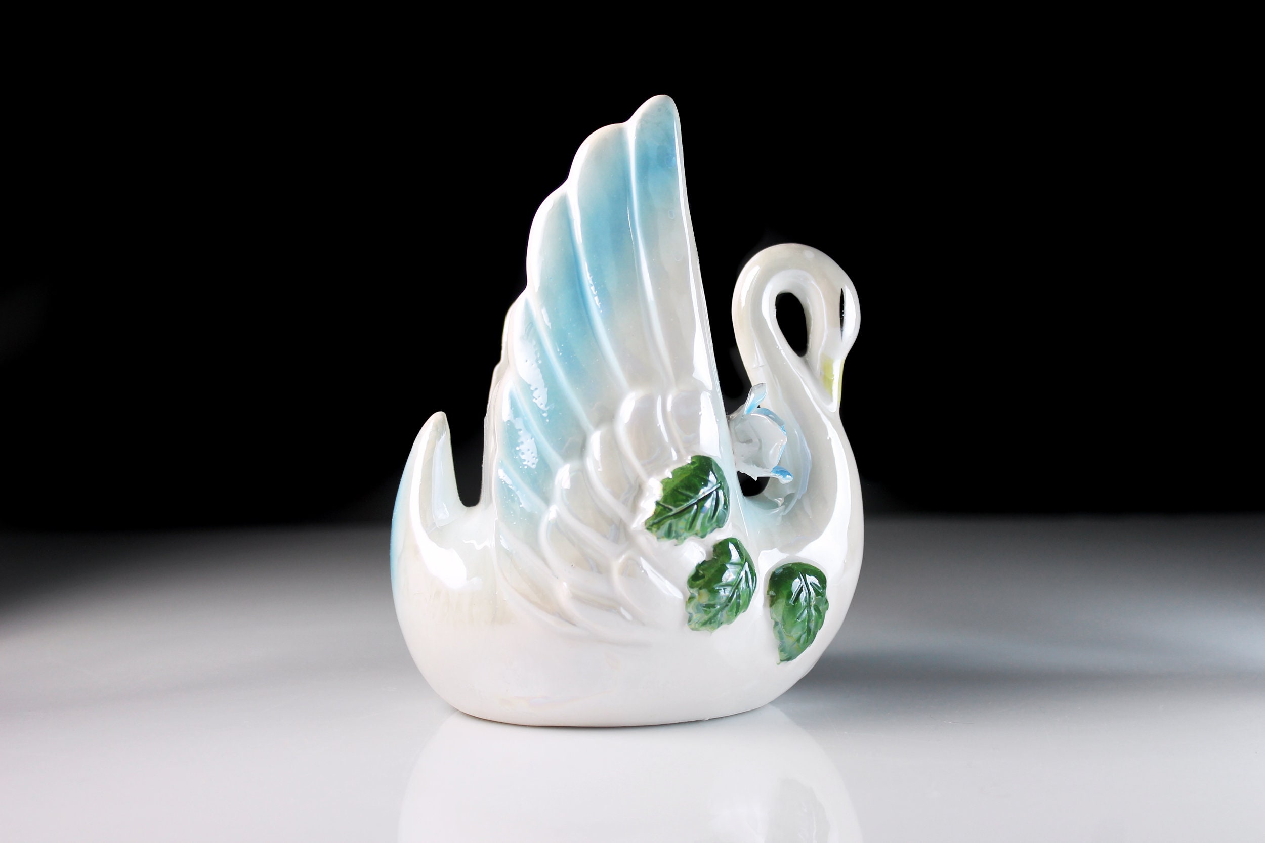 Swan Planter, Blue Trim, Raised Flowers, Bird, Figurine, Porcelain ...