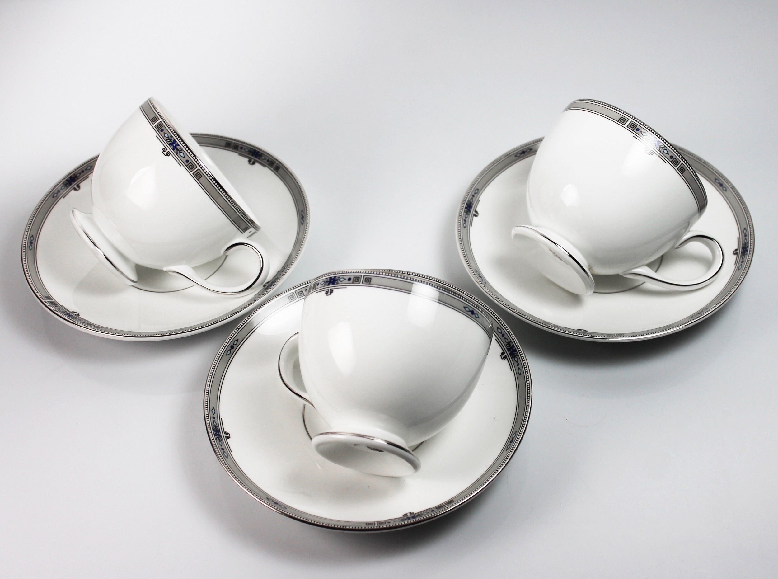 Cups and Saucers, Wedgwood Amherst, Set of 3, Fine China, Platinum Trim ...