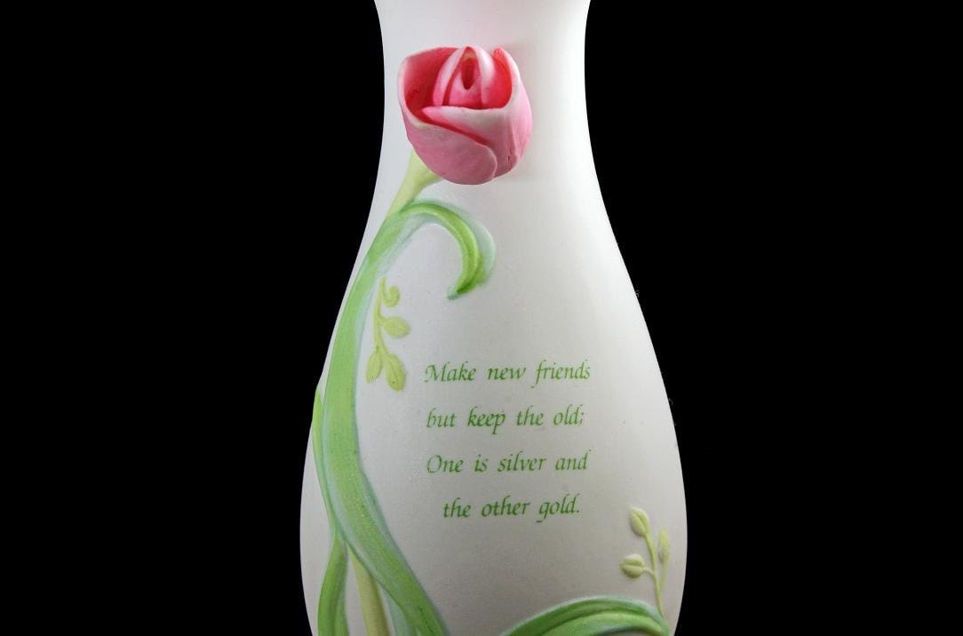 Porcelain Vase, Enesco, Pink Rose, Inspirational, Footed Pedestal