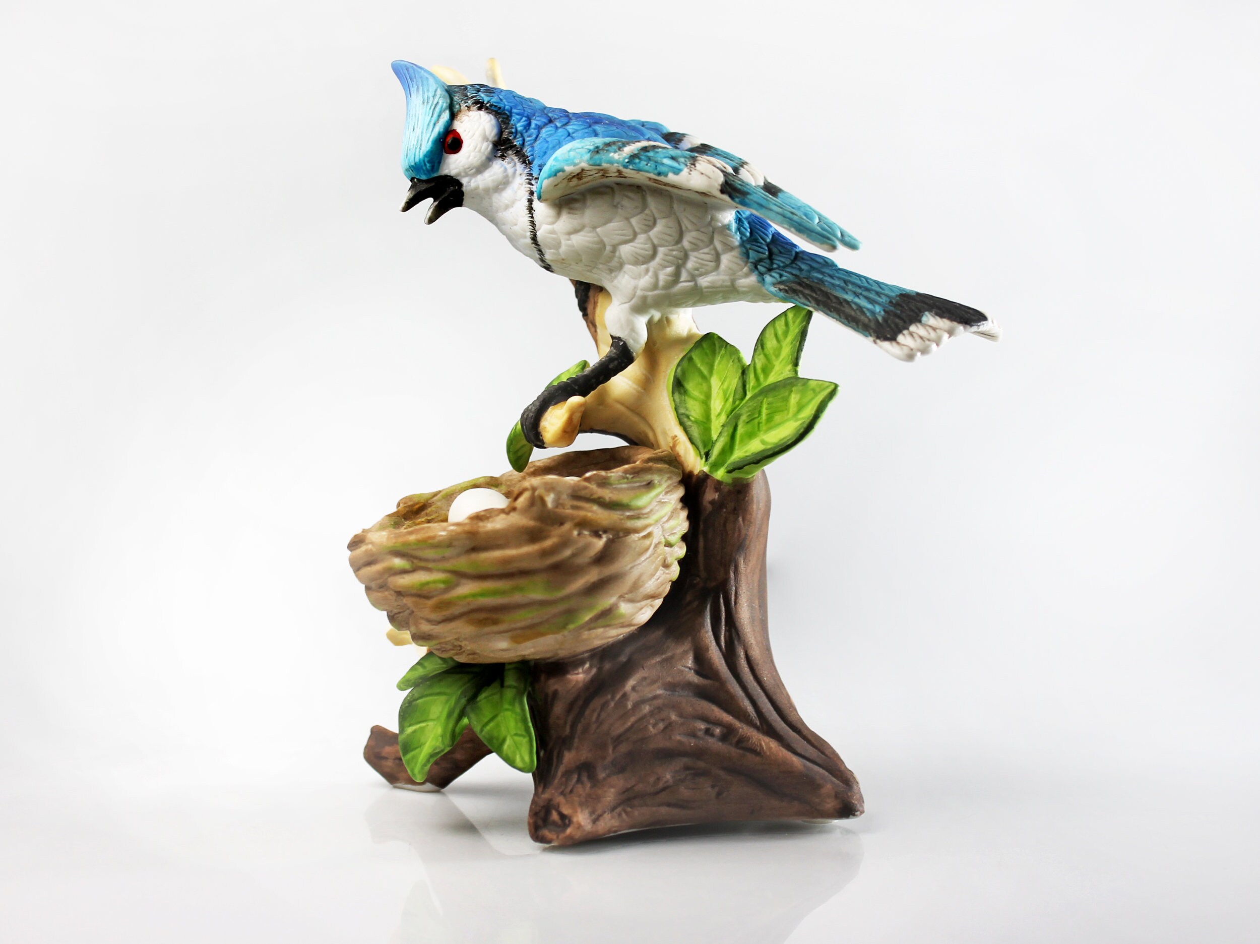 Blue Jay Bird Figurine, Bird With Nest and Eggs, 6 Inch, Nature Art
