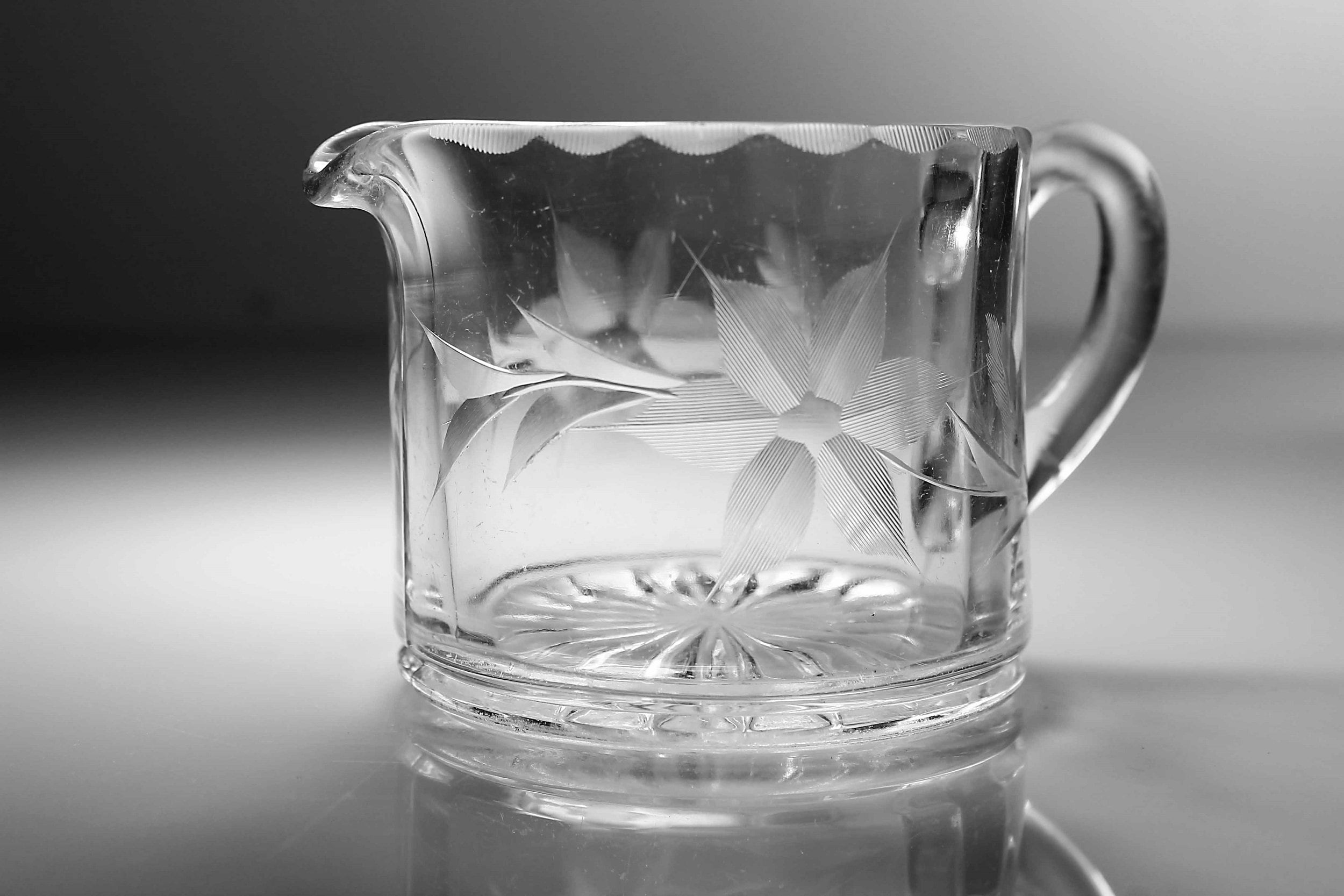 Antique Glass Creamer, Wheel Cut Floral, Heavy Glass, Pitcher, Jug